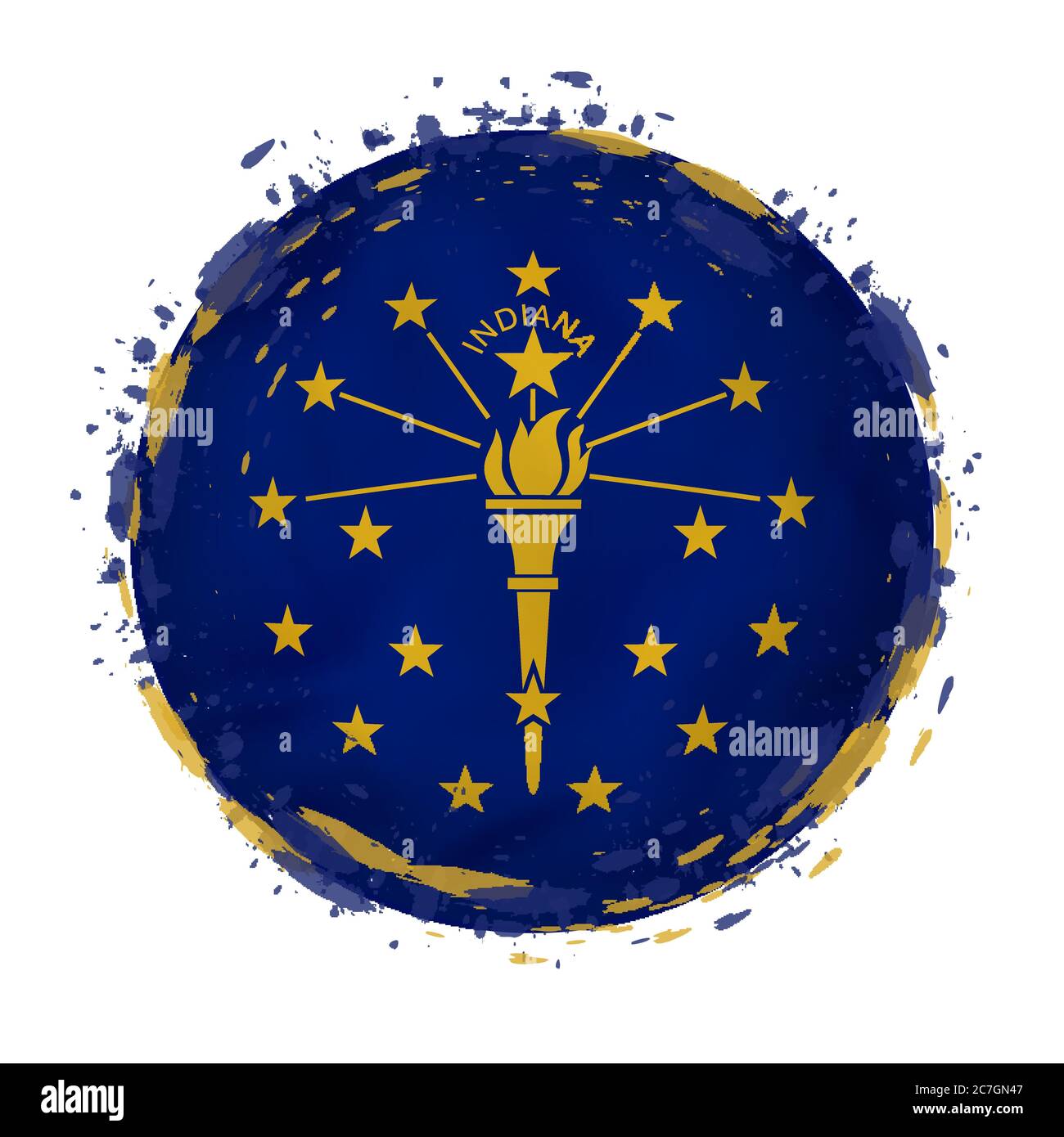 Round grunge flag of Indiana US state with splashes in flag color ...