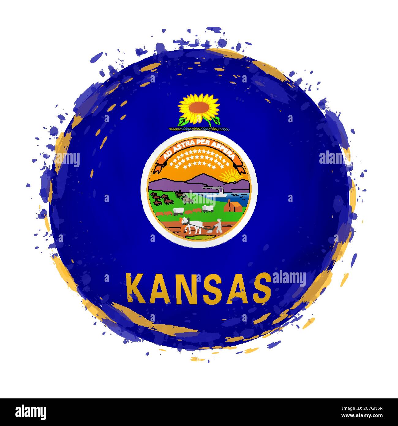 Round grunge flag of Kansas US state with splashes in flag color ...