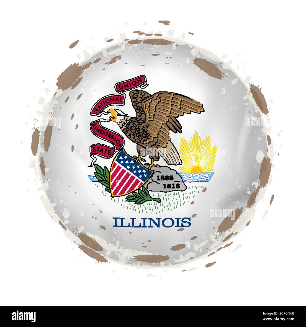 Round grunge flag of Illinois US state with splashes in flag color ...