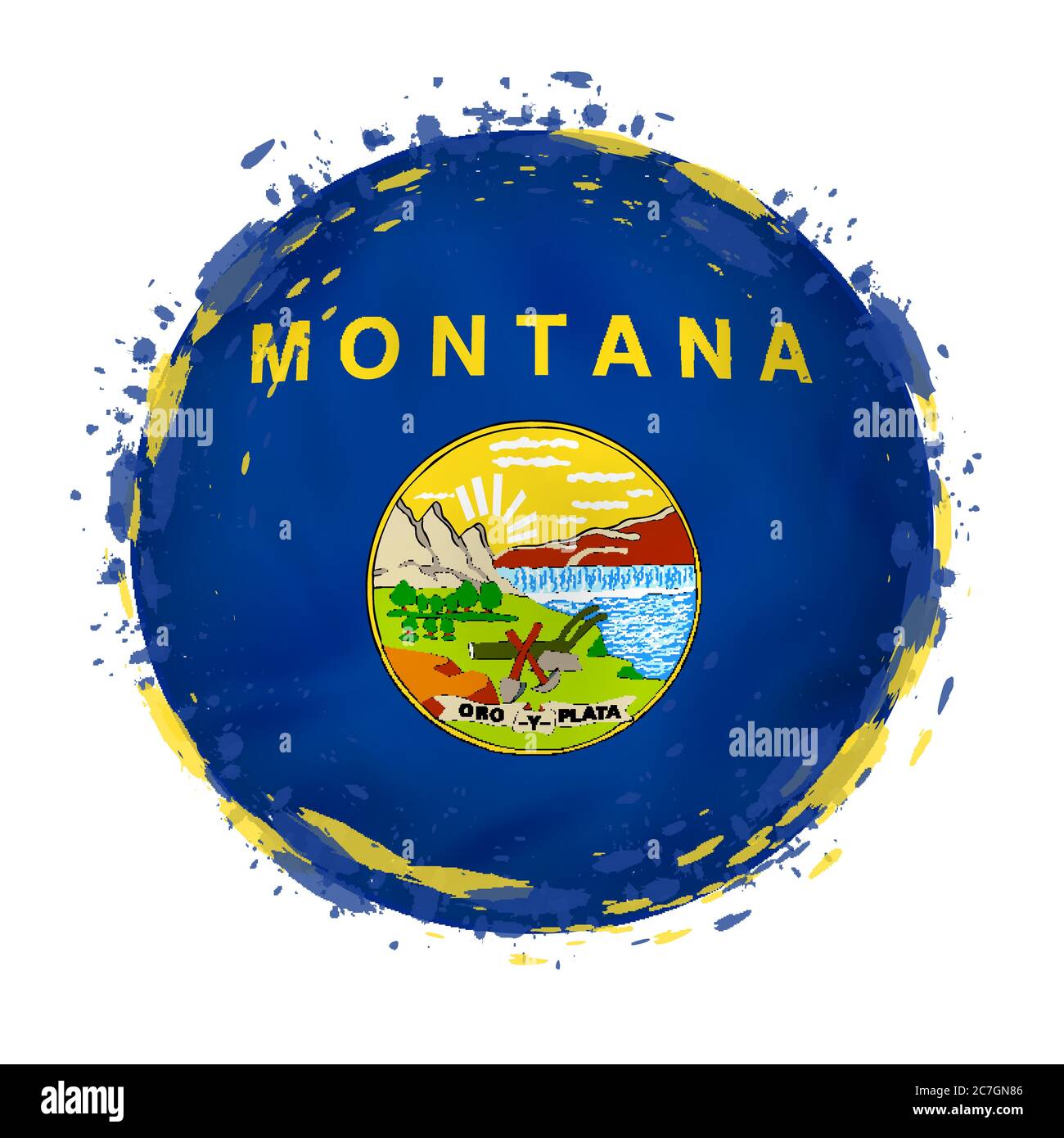 Round grunge flag of Montana US state with splashes in flag color ...