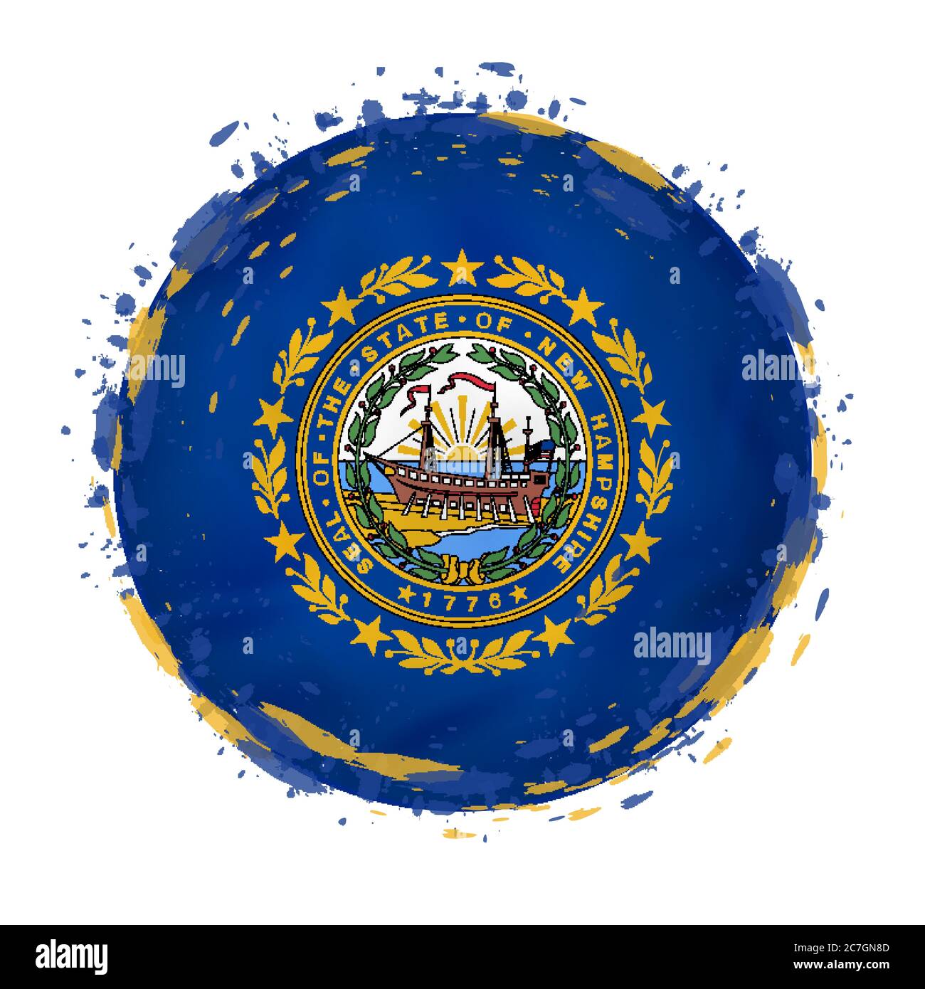 Round grunge flag of New Hampshire US state with splashes in flag color ...
