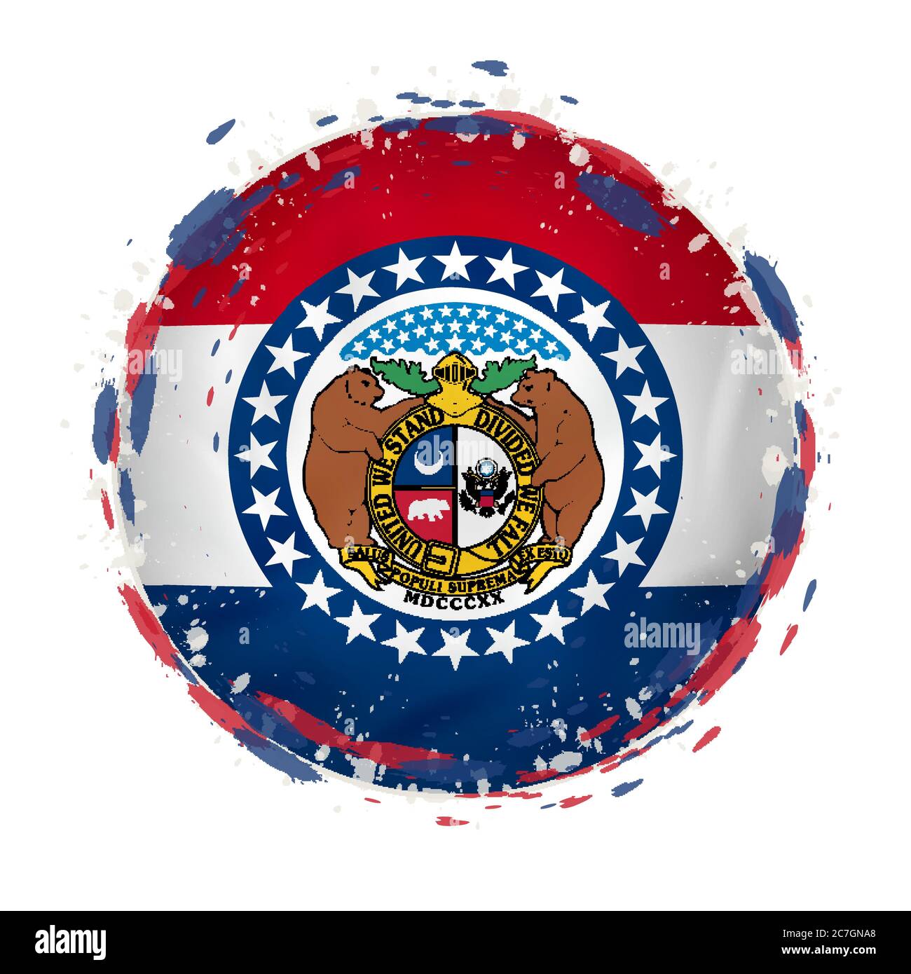 Round grunge flag of Missouri US state with splashes in flag color ...