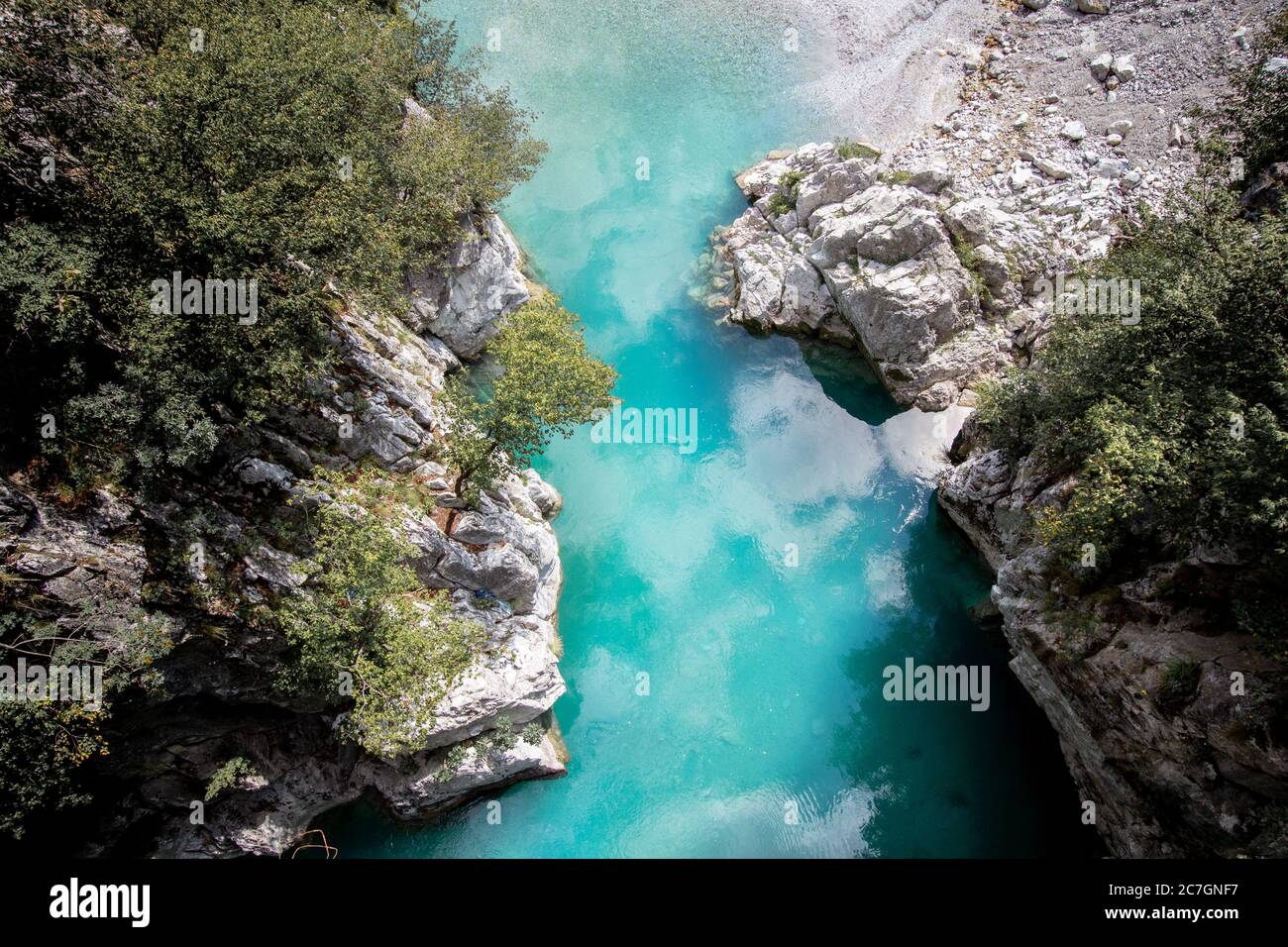 Aerial shot of the Valbona Valley National Park with reflecting waters ...