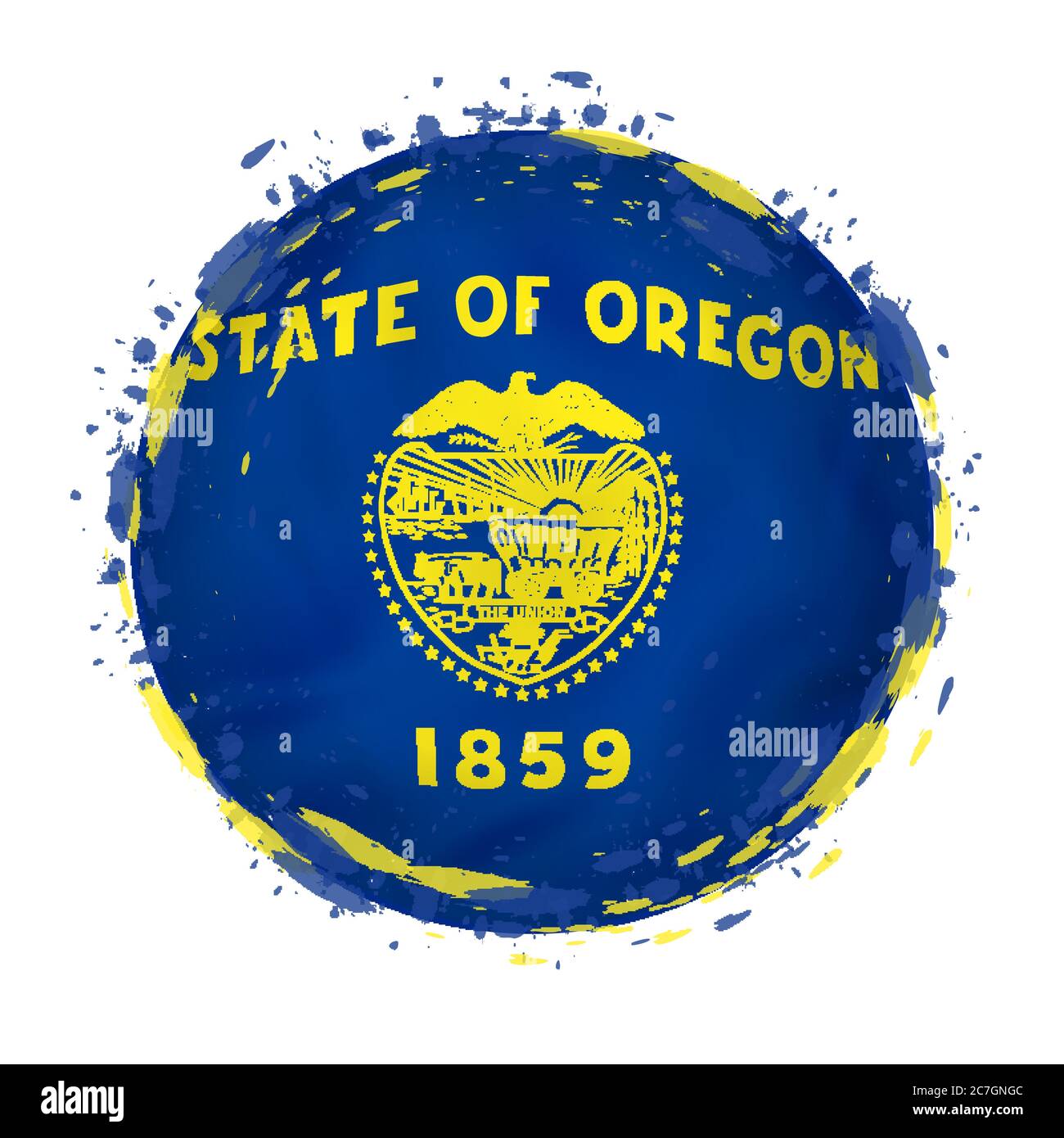 Round grunge flag of Oregon US state with splashes in flag color ...