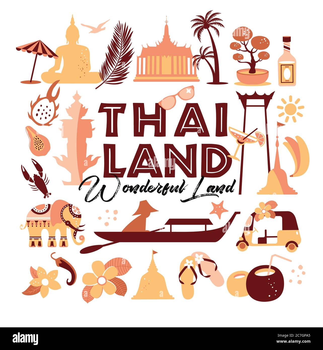 Collection of Thailand symbols. Vector poster. postcard in trend color ...
