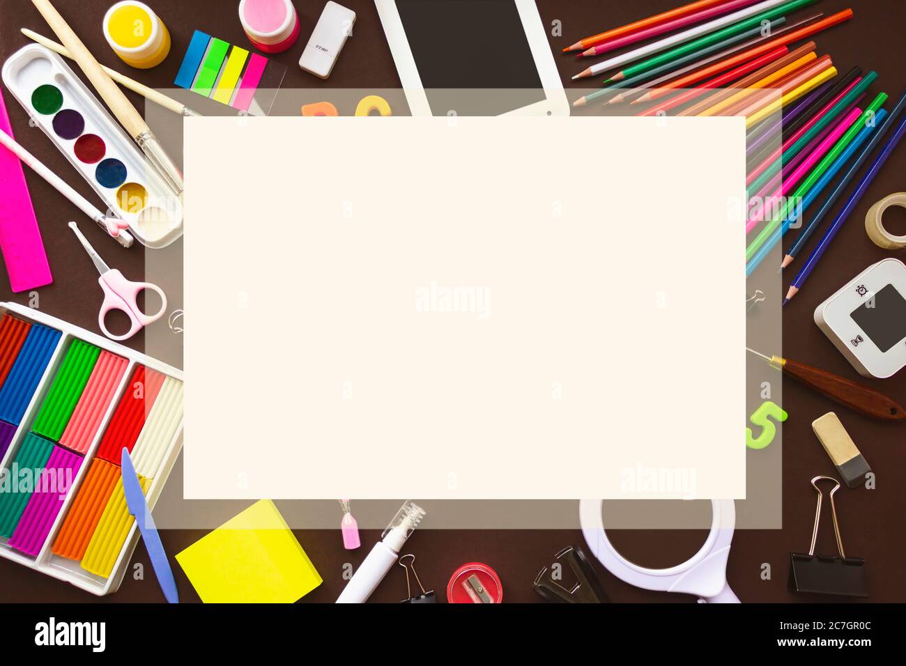 School notebook and various stationery. Copy space for your text ...