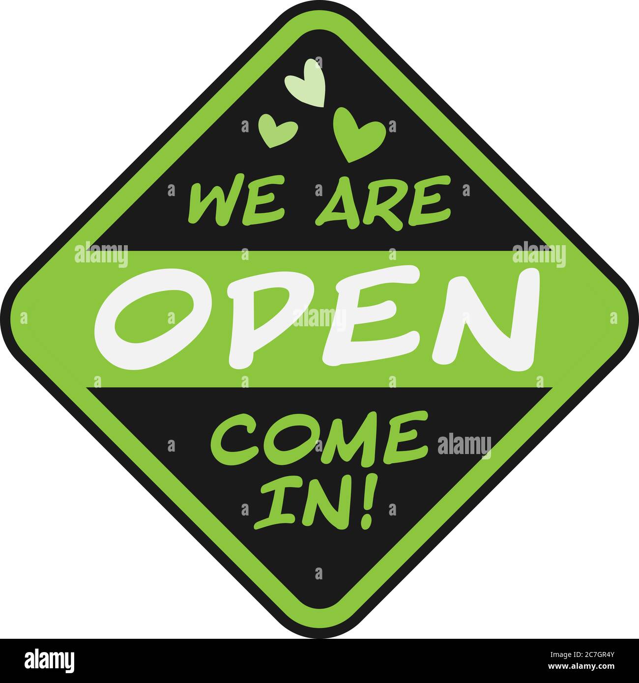 friendly COME IN WE ARE OPEN sign with green hand-drawn hearts vector ...