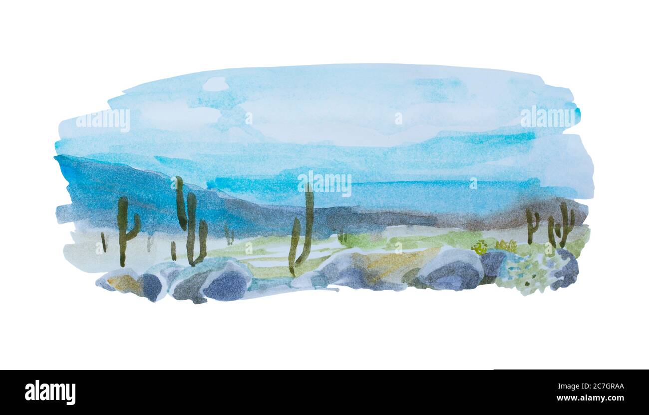 Simple watercolor backdrop with cactus desert, stones and mountains ...