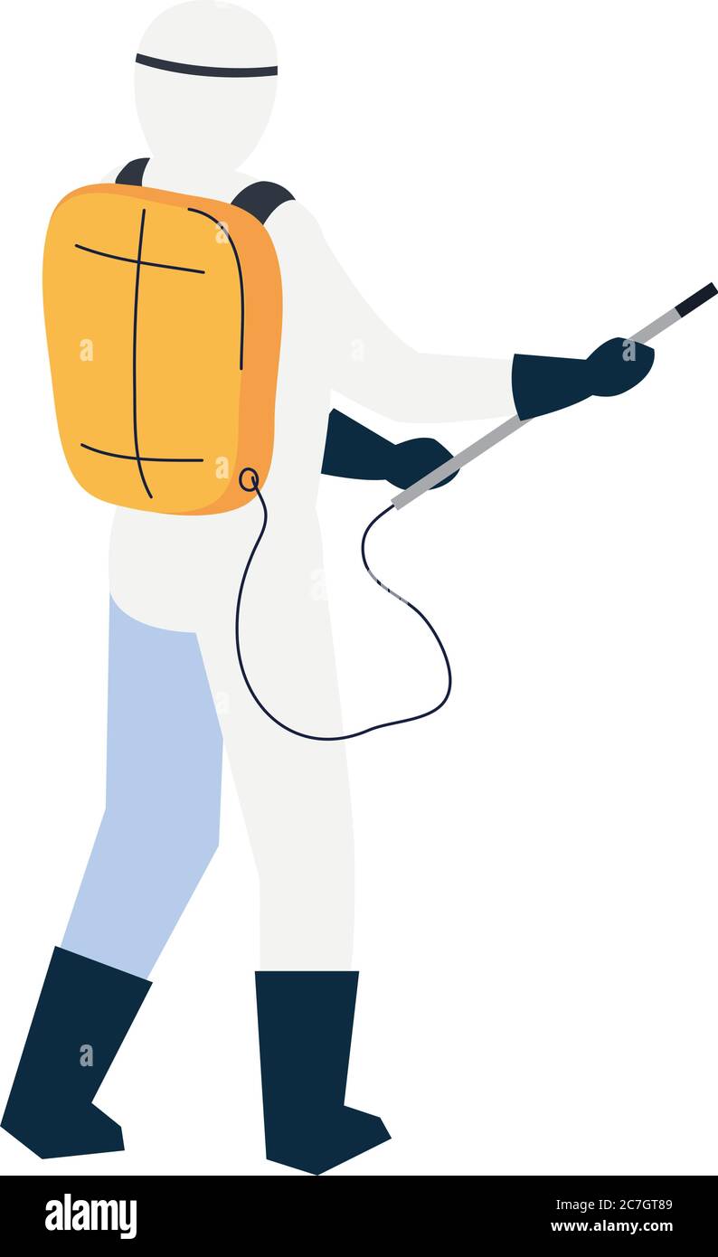 person in protective suit or clothing, spray to cleaning and disinfect ...