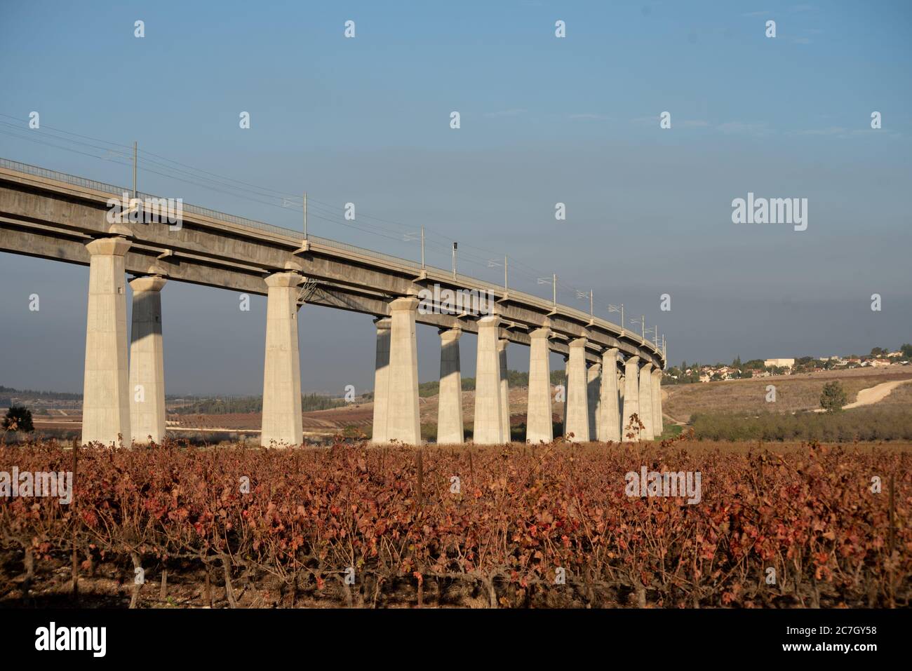 Landscape of a Concrete bridge in a field covered in greenery with ...