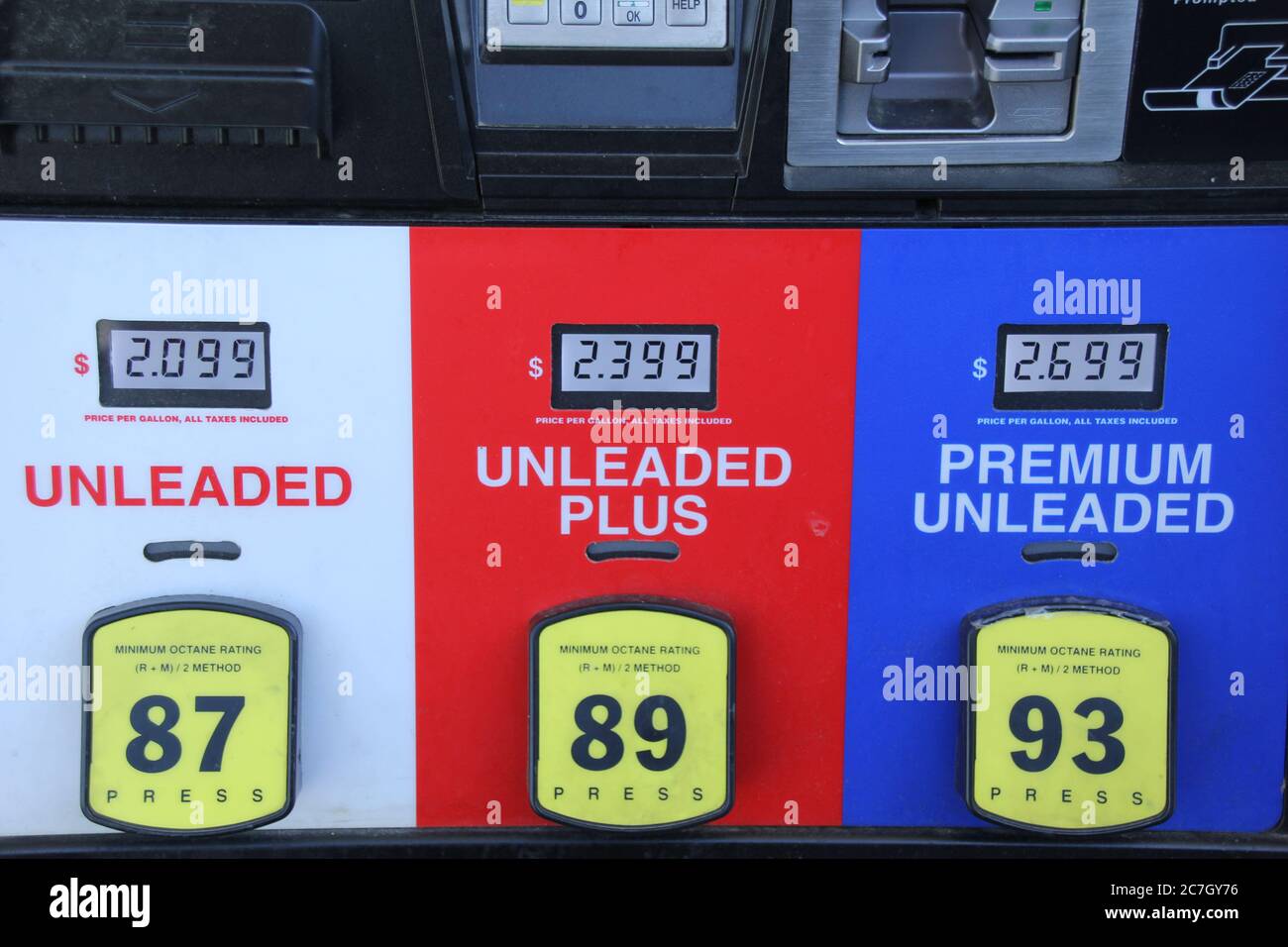 Gas petrol pump detail buttons at USA gas station Stock Photo - Alamy
