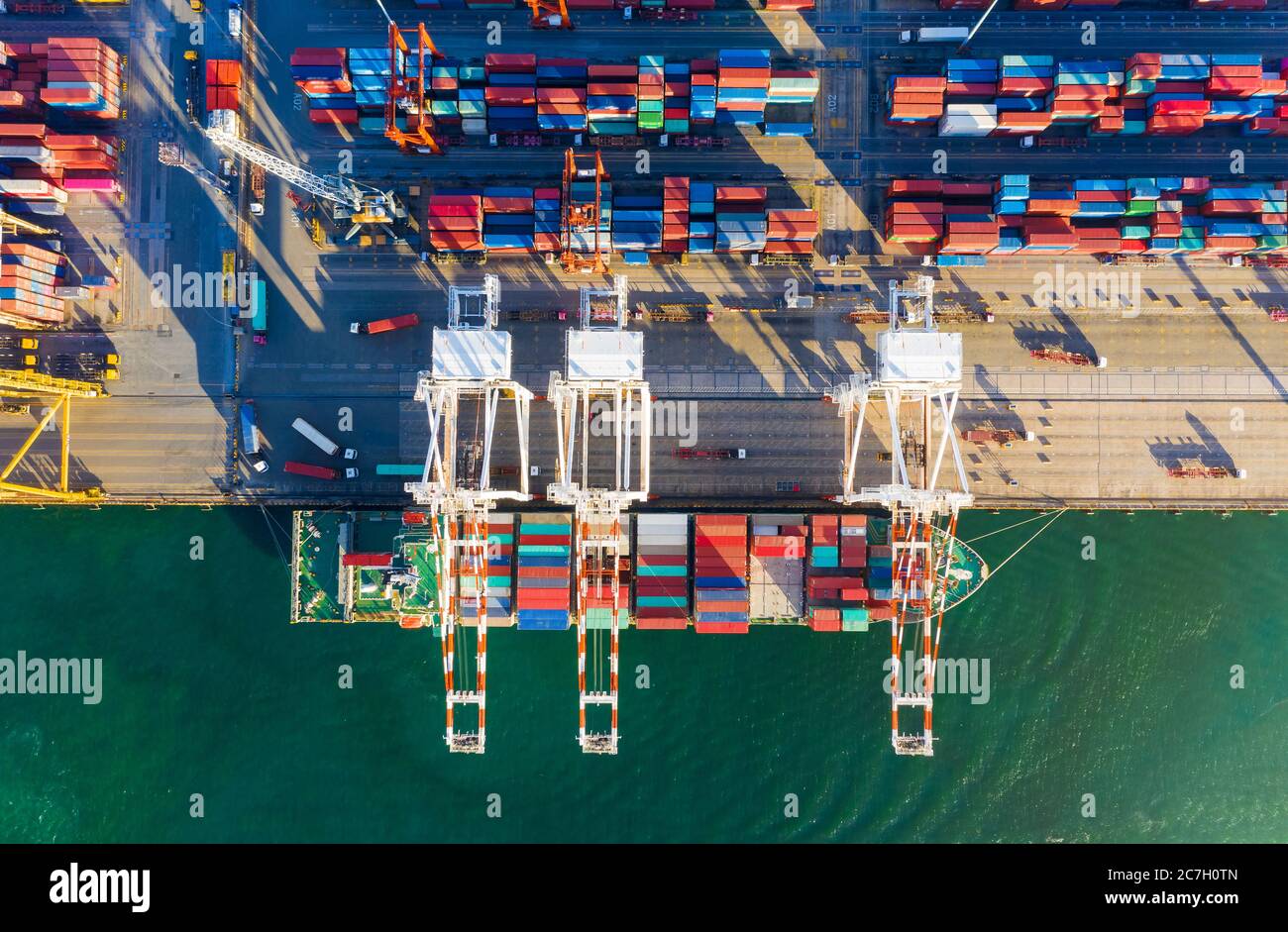 top view of industrial port with containers in import-export business ...