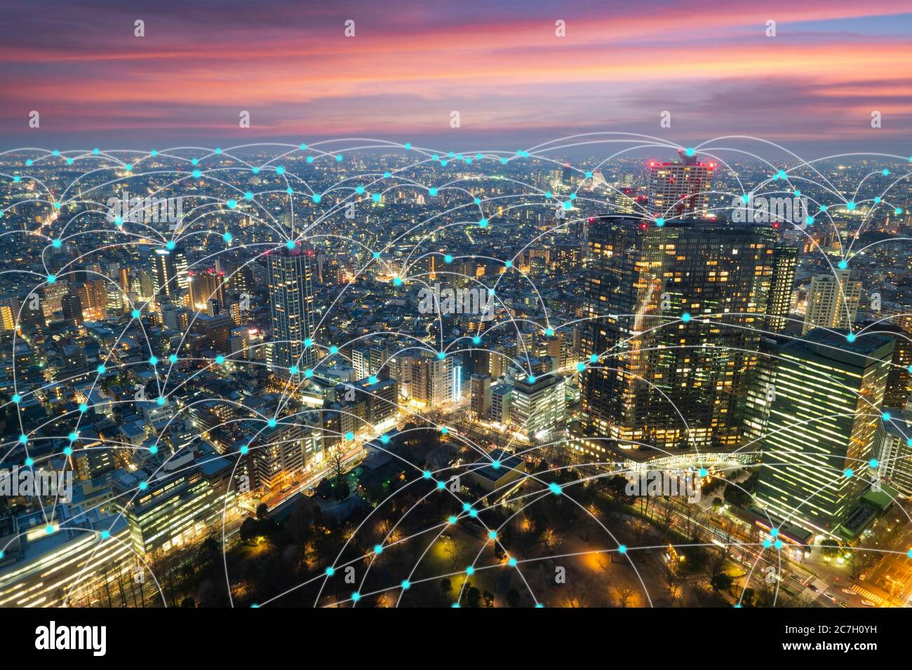 Wireless communication network in Big city in Asia concept. Abstract ...