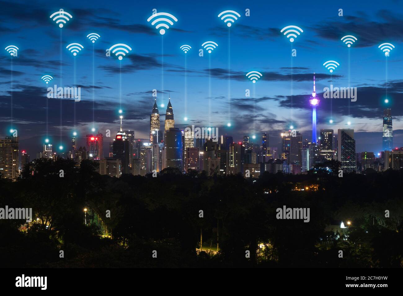Wireless communication network in Big city in Asia concept. Abstract ...