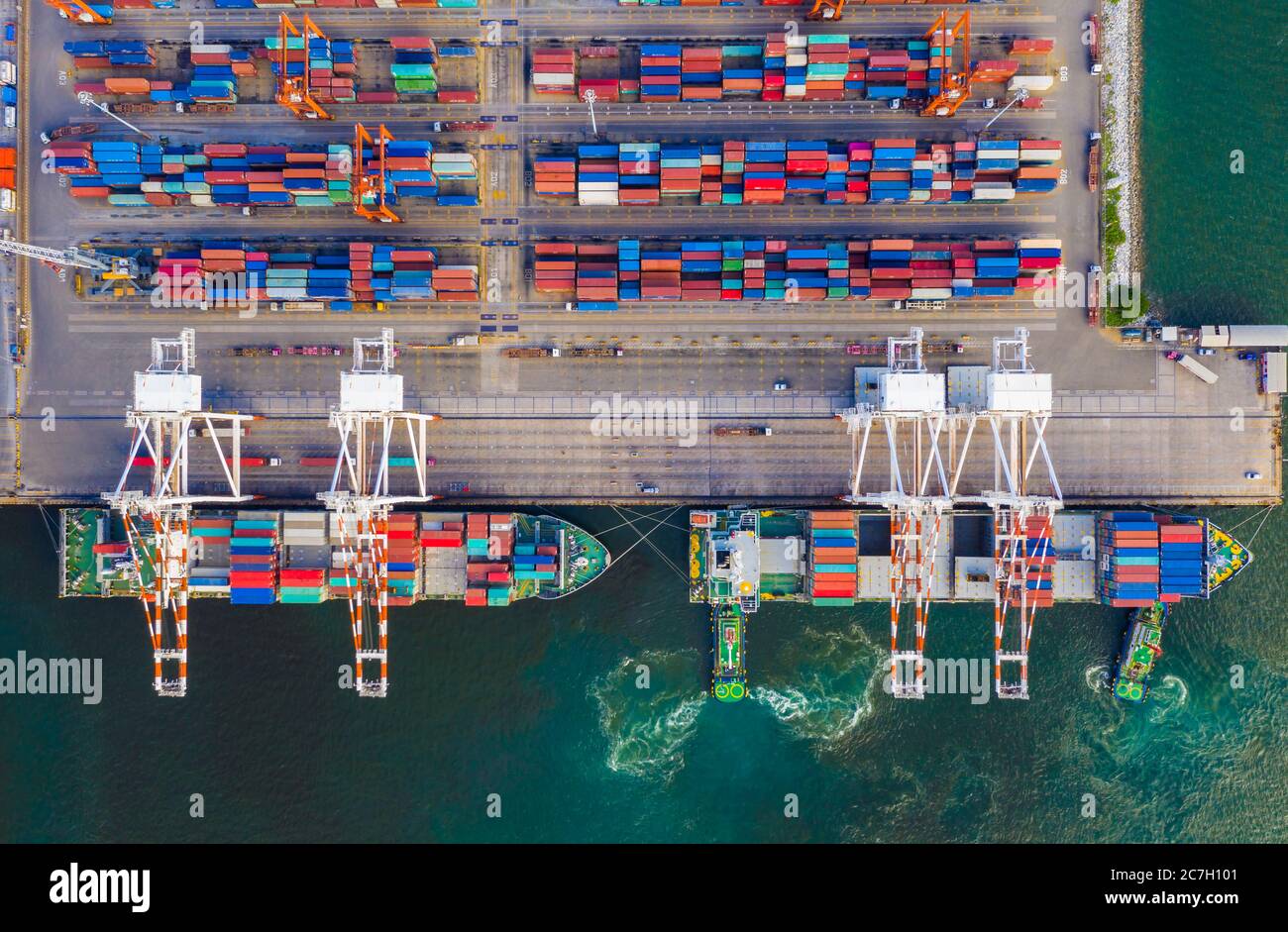 top view of industrial port with containers in import-export business ...