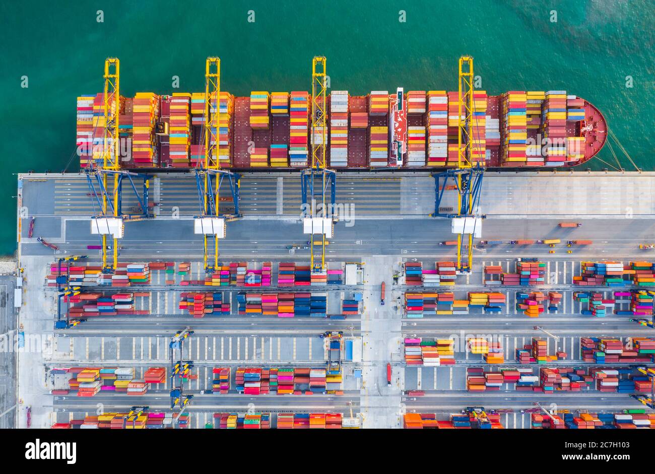 top view of industrial port with containers in import-export business ...