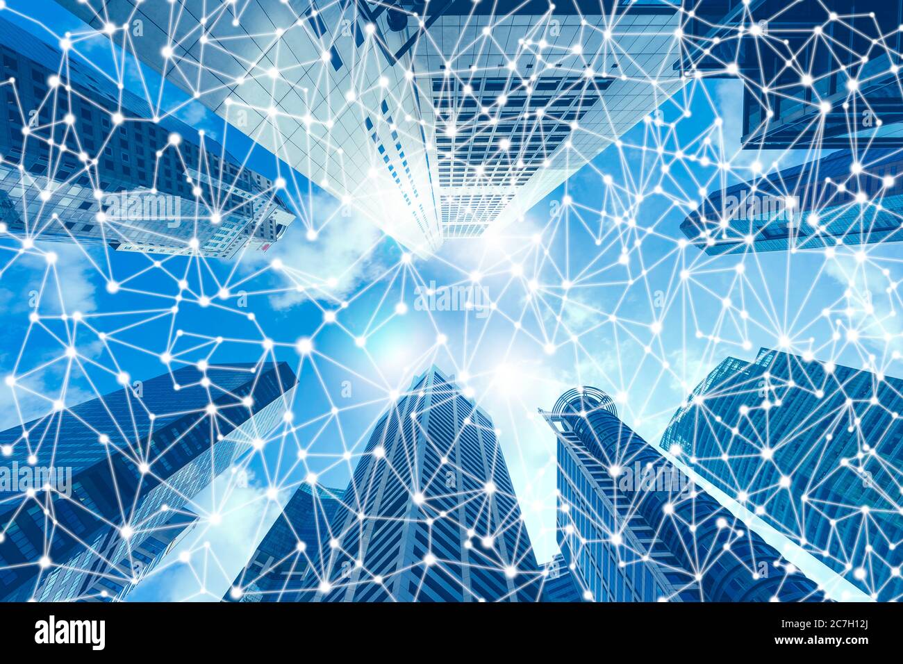 Abstract wireless technology and smart city concept, on city background ...