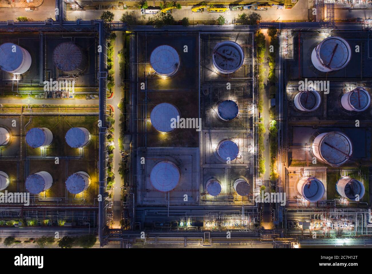 Aerial view oil and gas industrial, Refinery factory oil storage tank ...