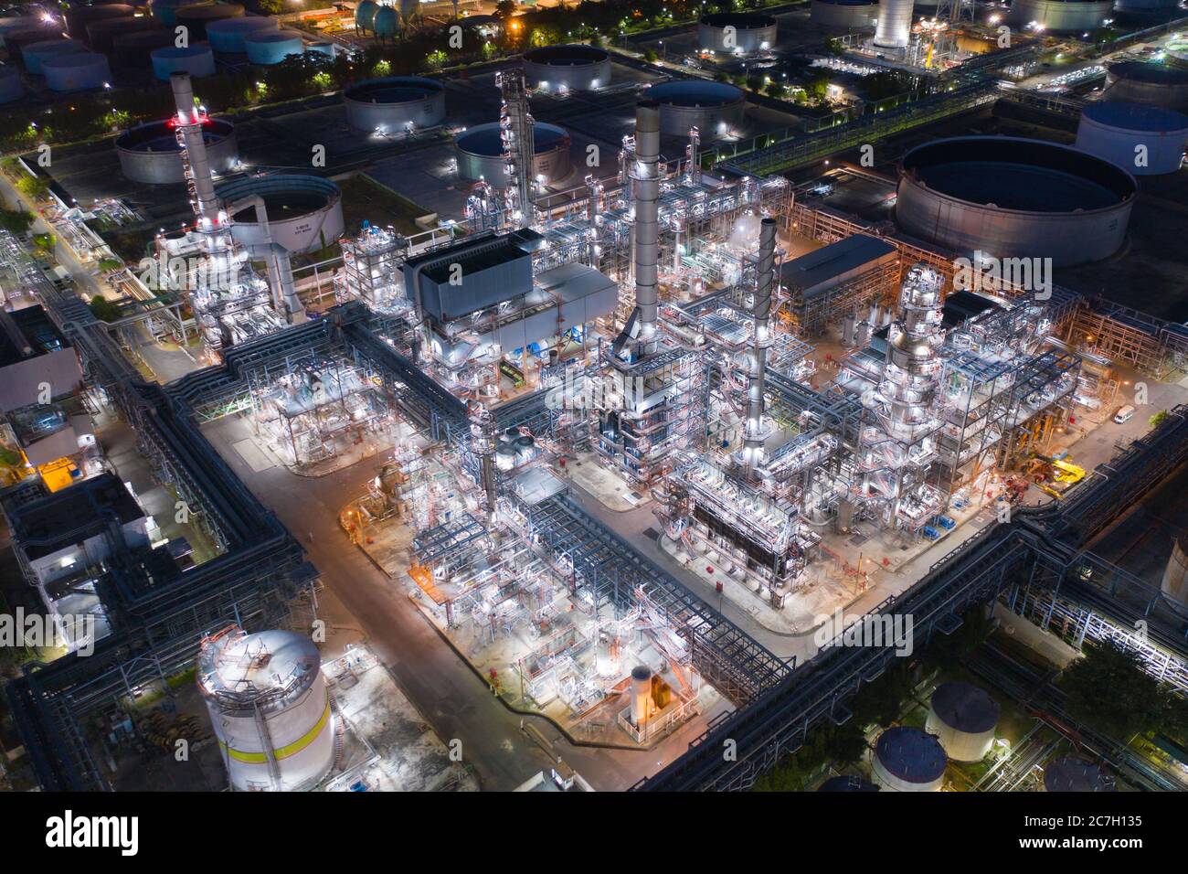 Aerial view oil and gas industrial, Refinery factory oil storage tank ...