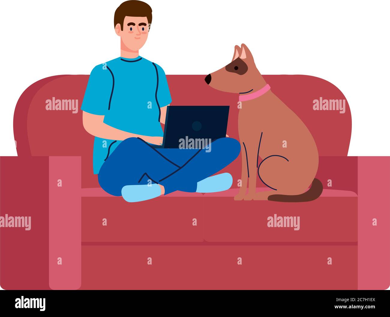 young man using laptop computer with dog pet on white background Stock ...