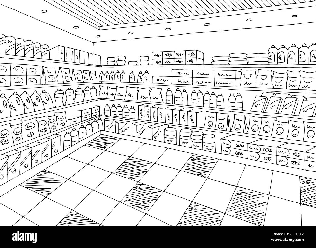 Grocery store shop interior black white graphic sketch illustration ...