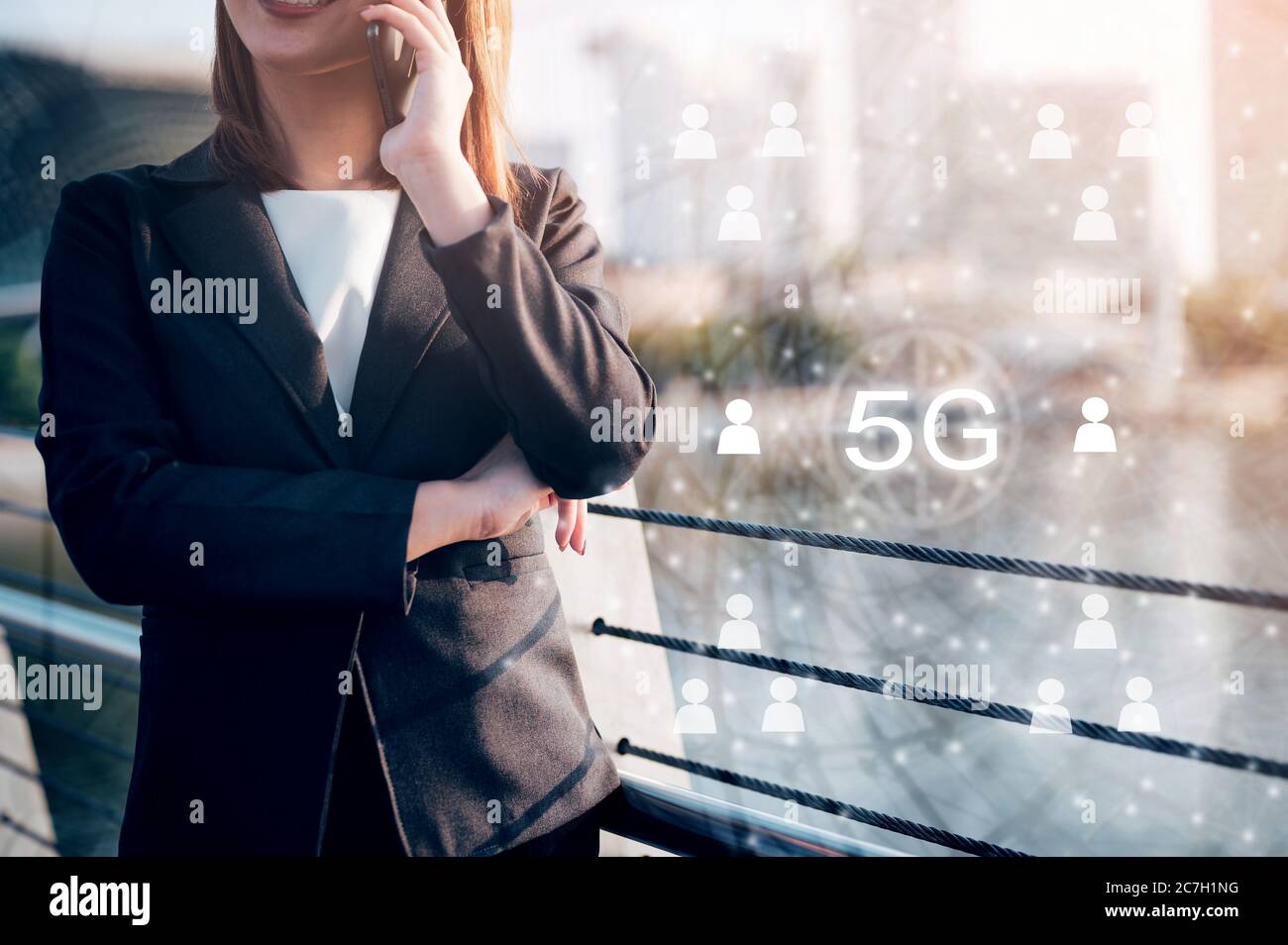 5G technology and communication concept, Young Asian business woman ...