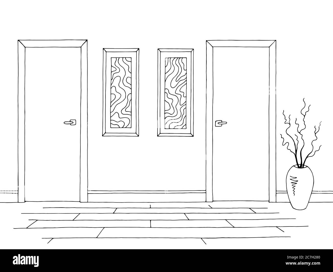 Corridor graphic black white interior sketch illustration vector Stock ...