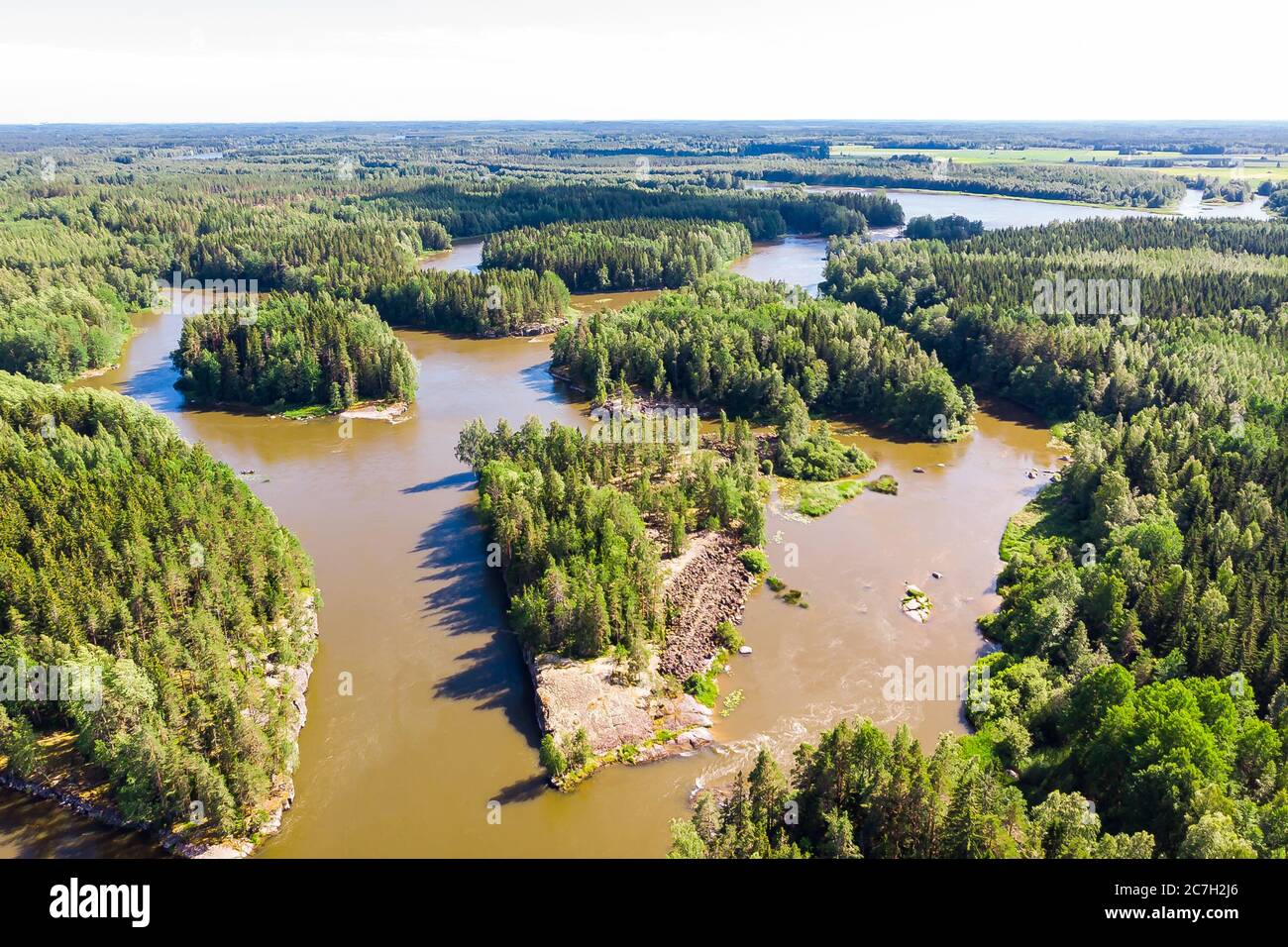 Aerial summer view of rapid Ahvionkoski at river Kymijoki, Finland ...