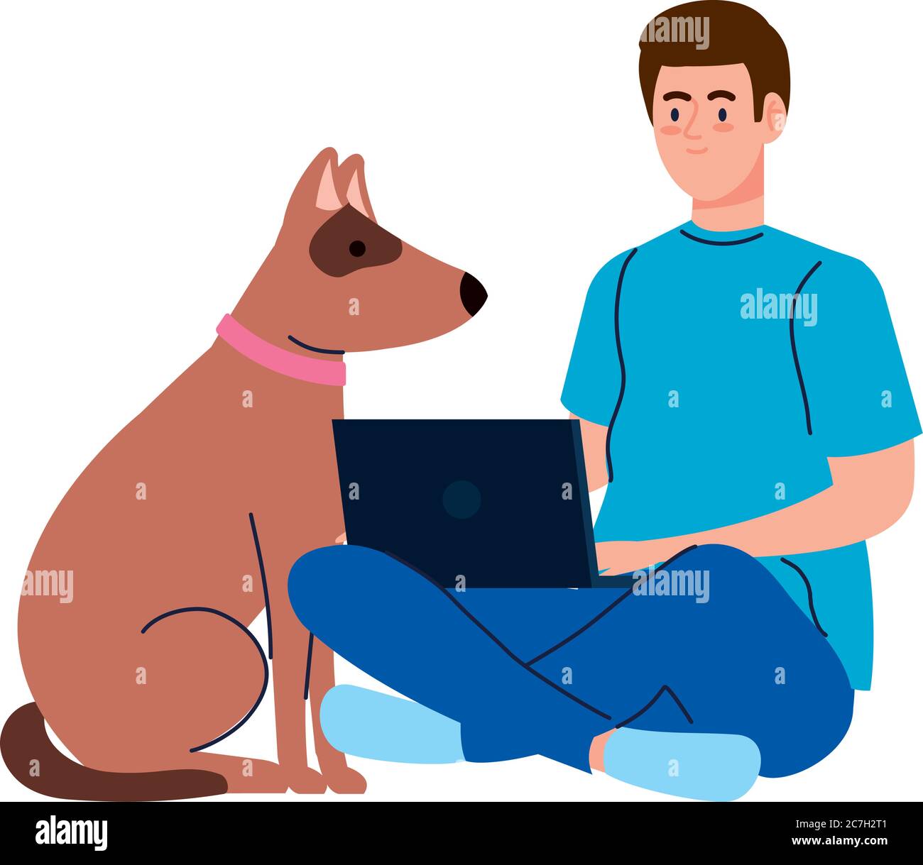 young man using laptop computer with dog pet on white background Stock ...