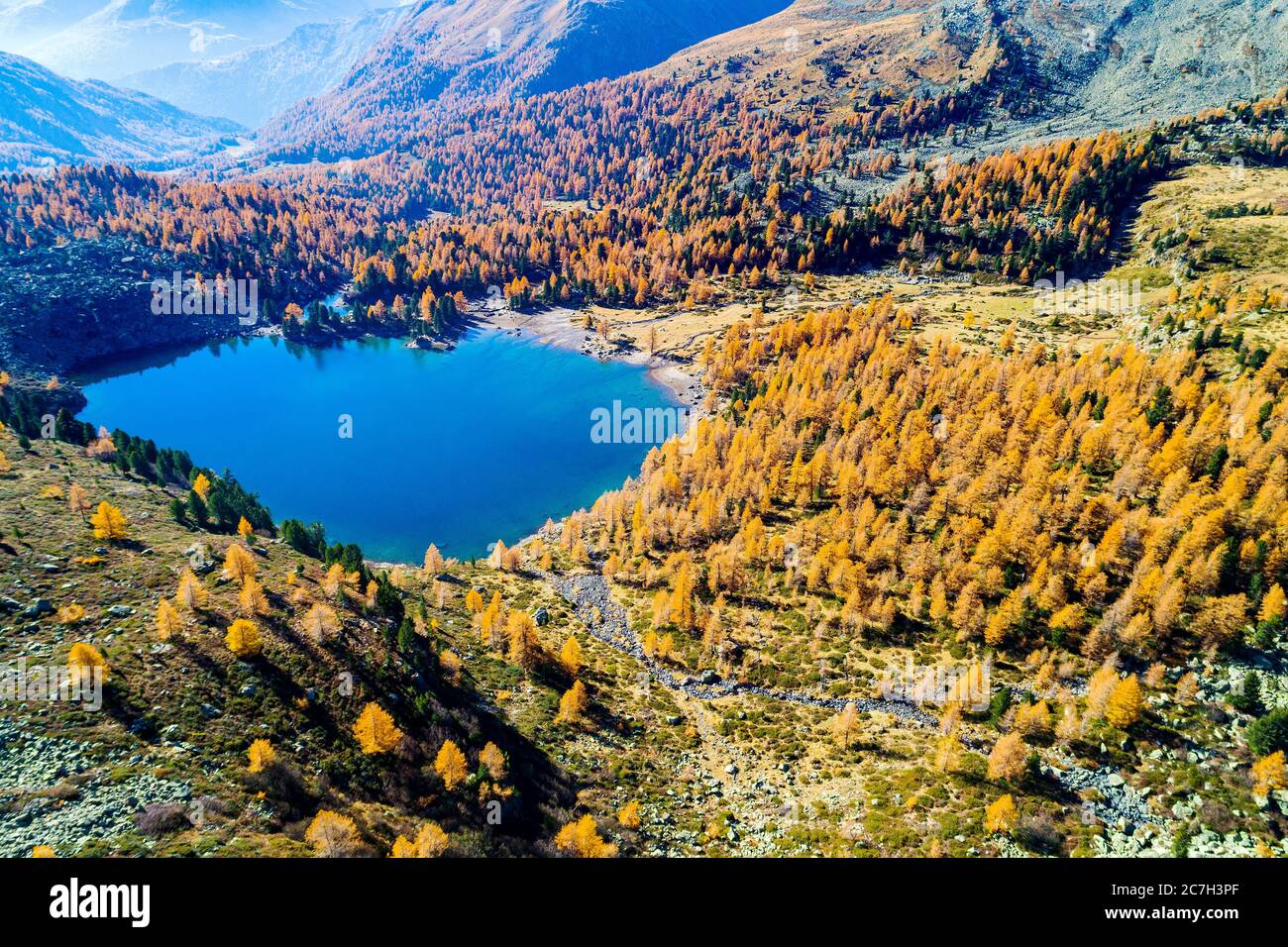 Val di Campo - Engadina (CH) - Autumnal aerial view of the Viola lake ...