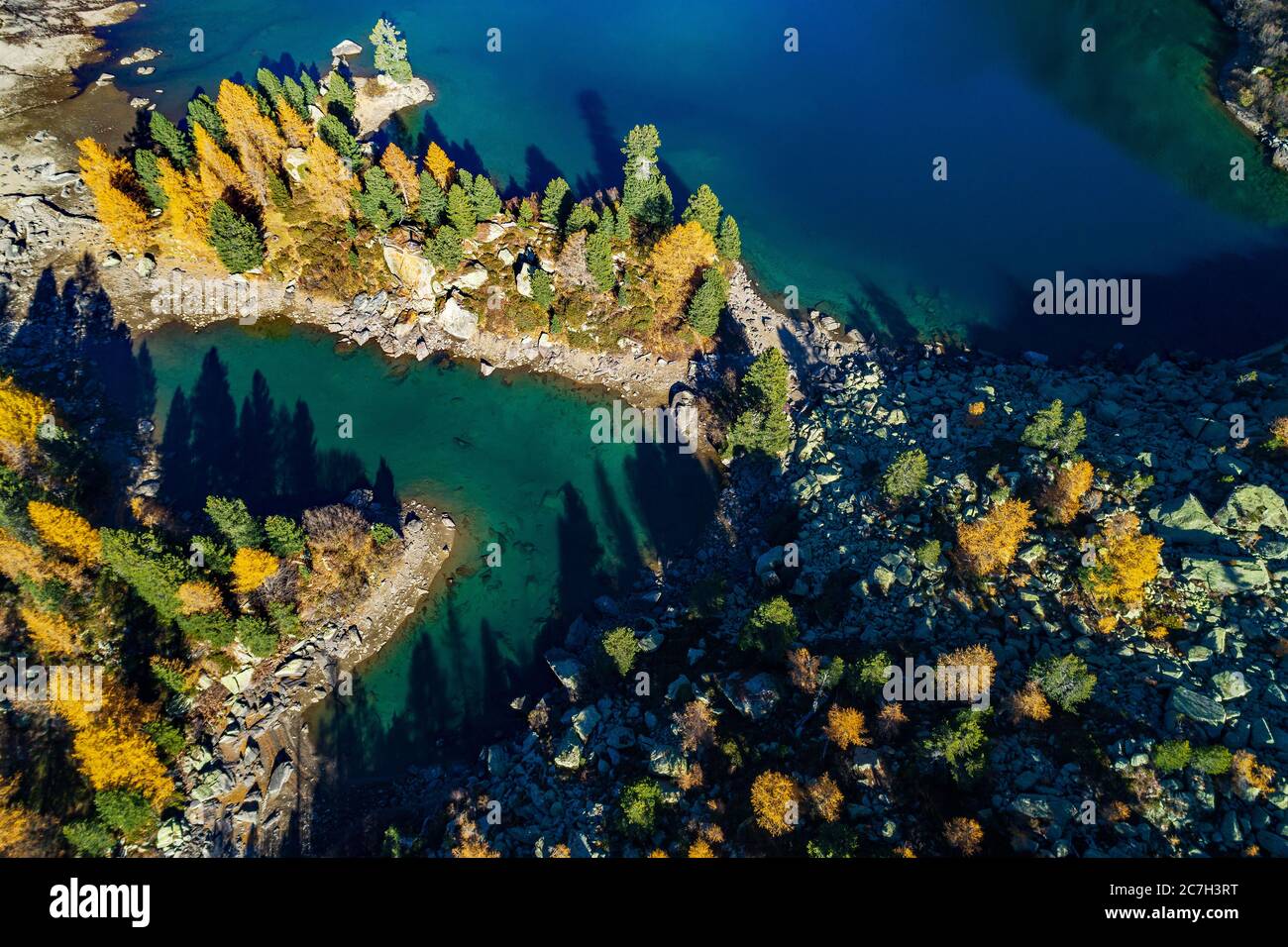 Val di Campo - Engadina (CH) - Autumnal aerial view of the Viola lake ...