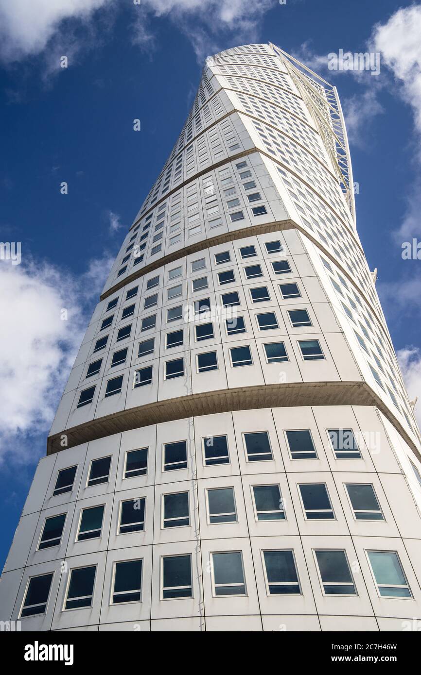 Low angle view of the Turning Torso under a blue sky and sunlight in ...