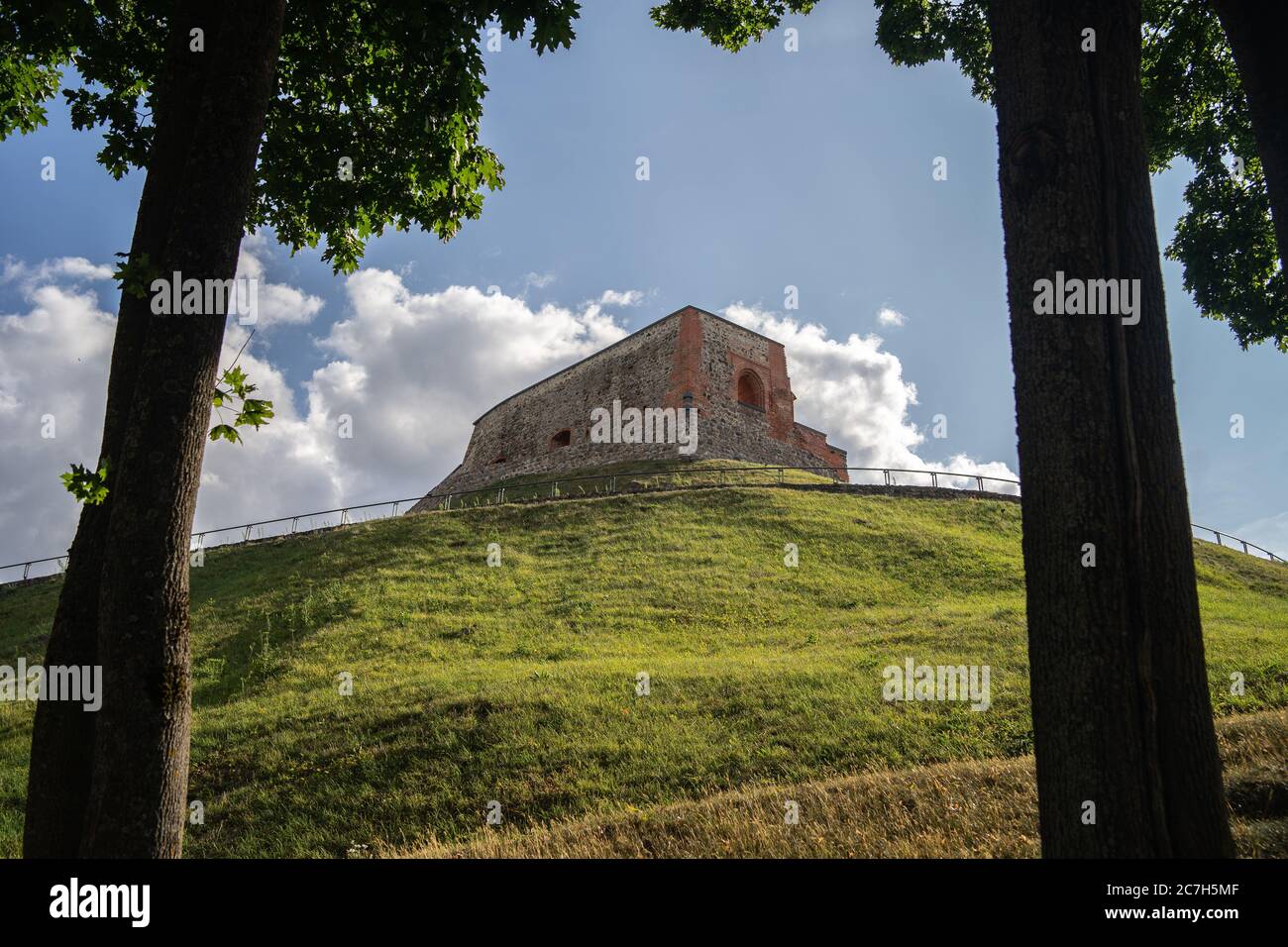 Gediminas Castle Tower on a hill covered in greenery under sunlight in ...