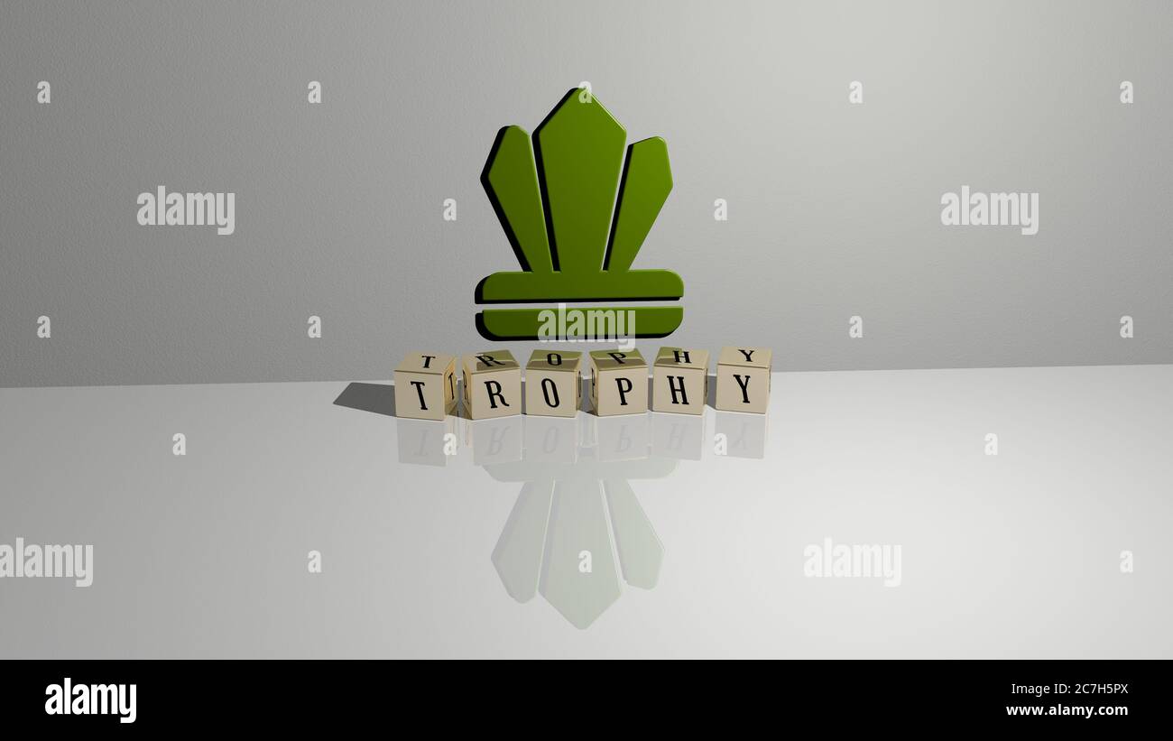 3D illustration of TROPHY graphics and text made by metallic dice ...