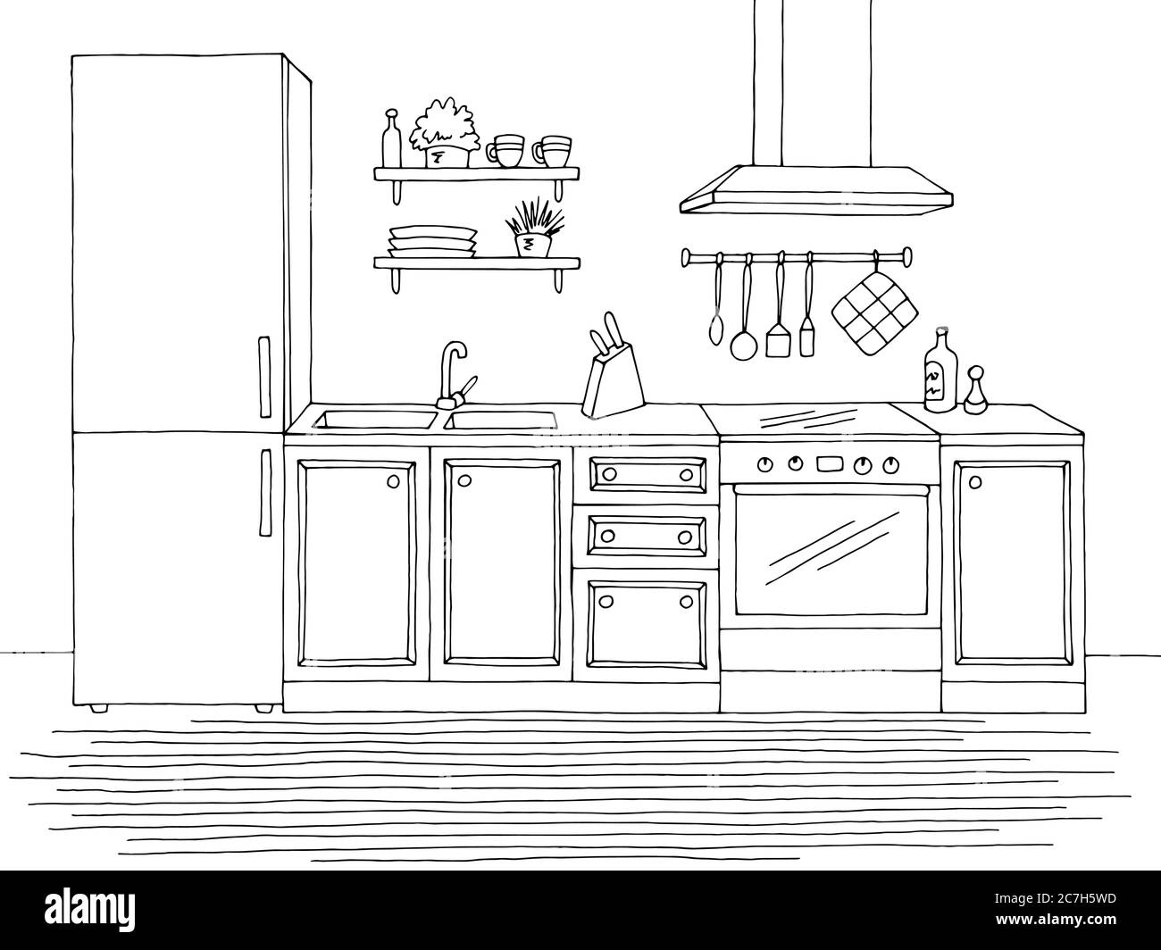 Kitchen room graphic black white home interior sketch illustration ...