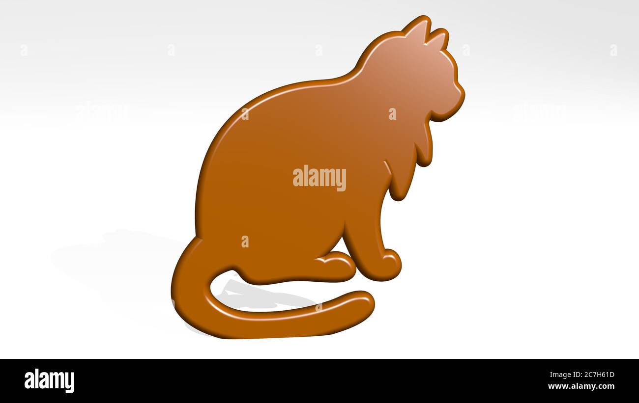cat stand with shadow. 3D illustration of metallic sculpture over a ...