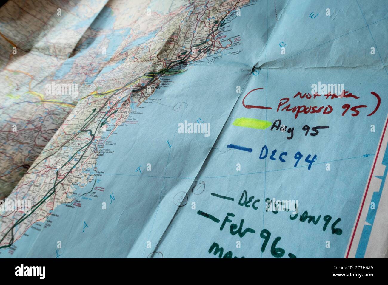 Folding United States Travel Map with Routes Marked Stock Photo - Alamy