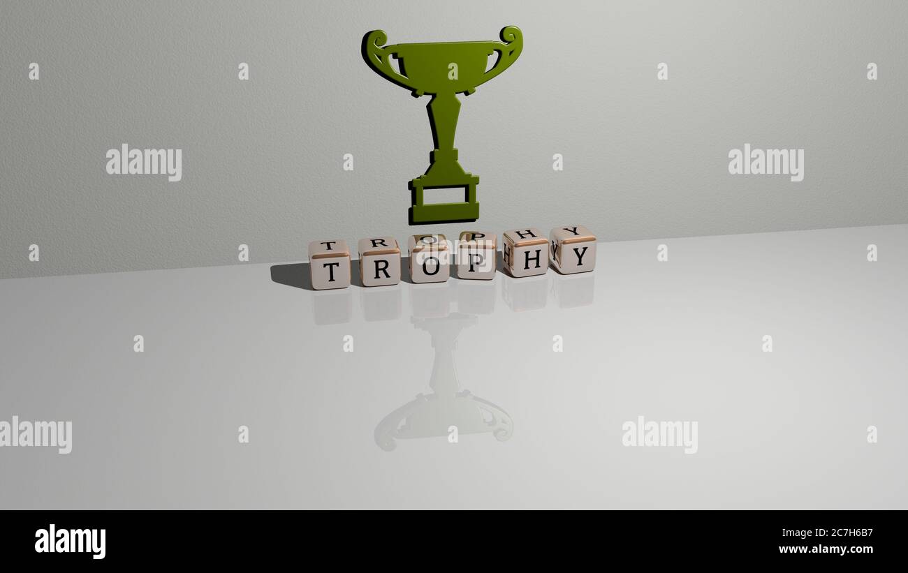 3D illustration of TROPHY graphics and text made by metallic dice ...