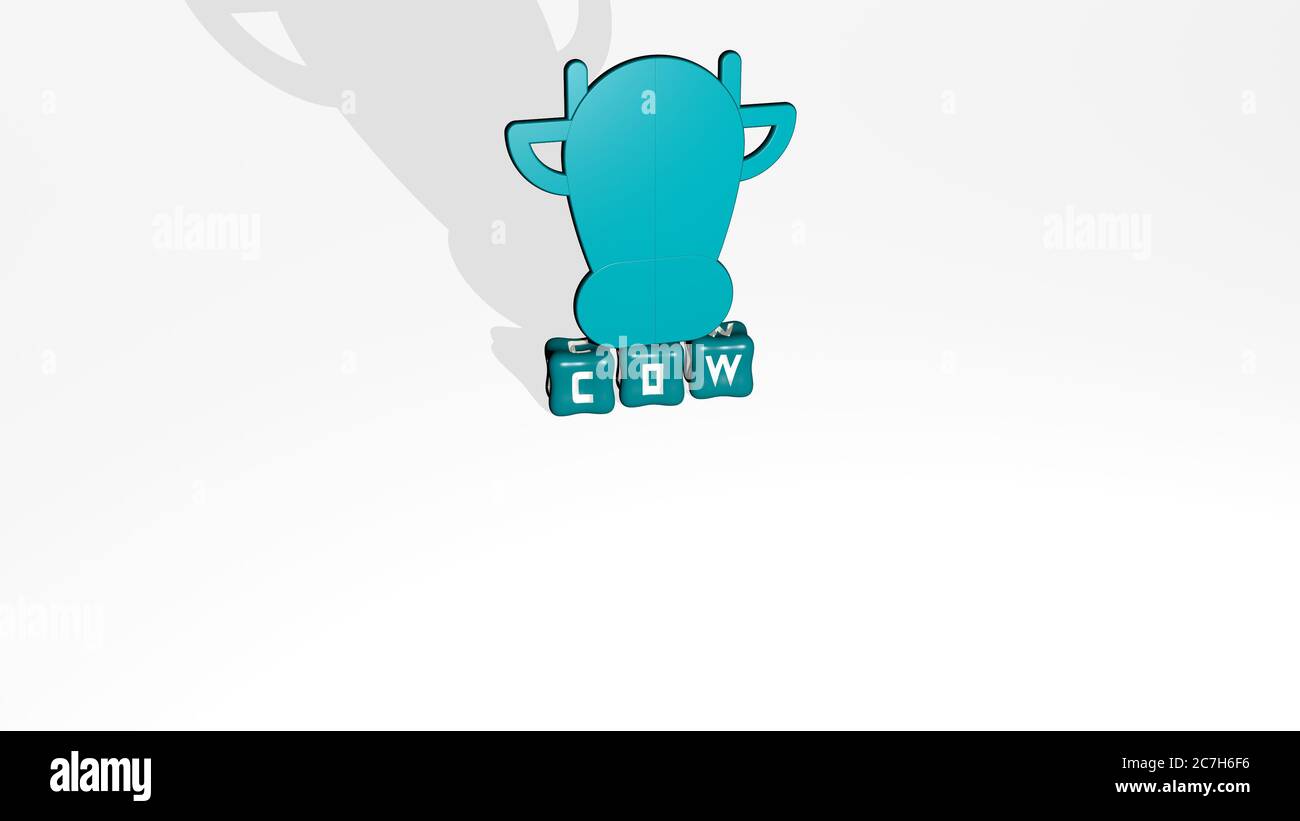 3D illustration of cow graphics and text made by metallic dice letters ...