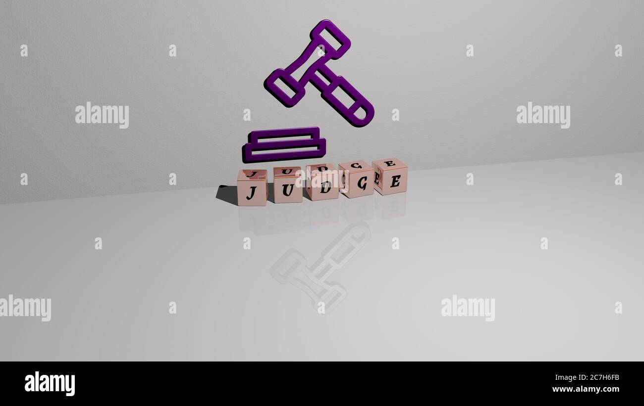 3D illustration of JUDGE graphics and text made by metallic dice ...