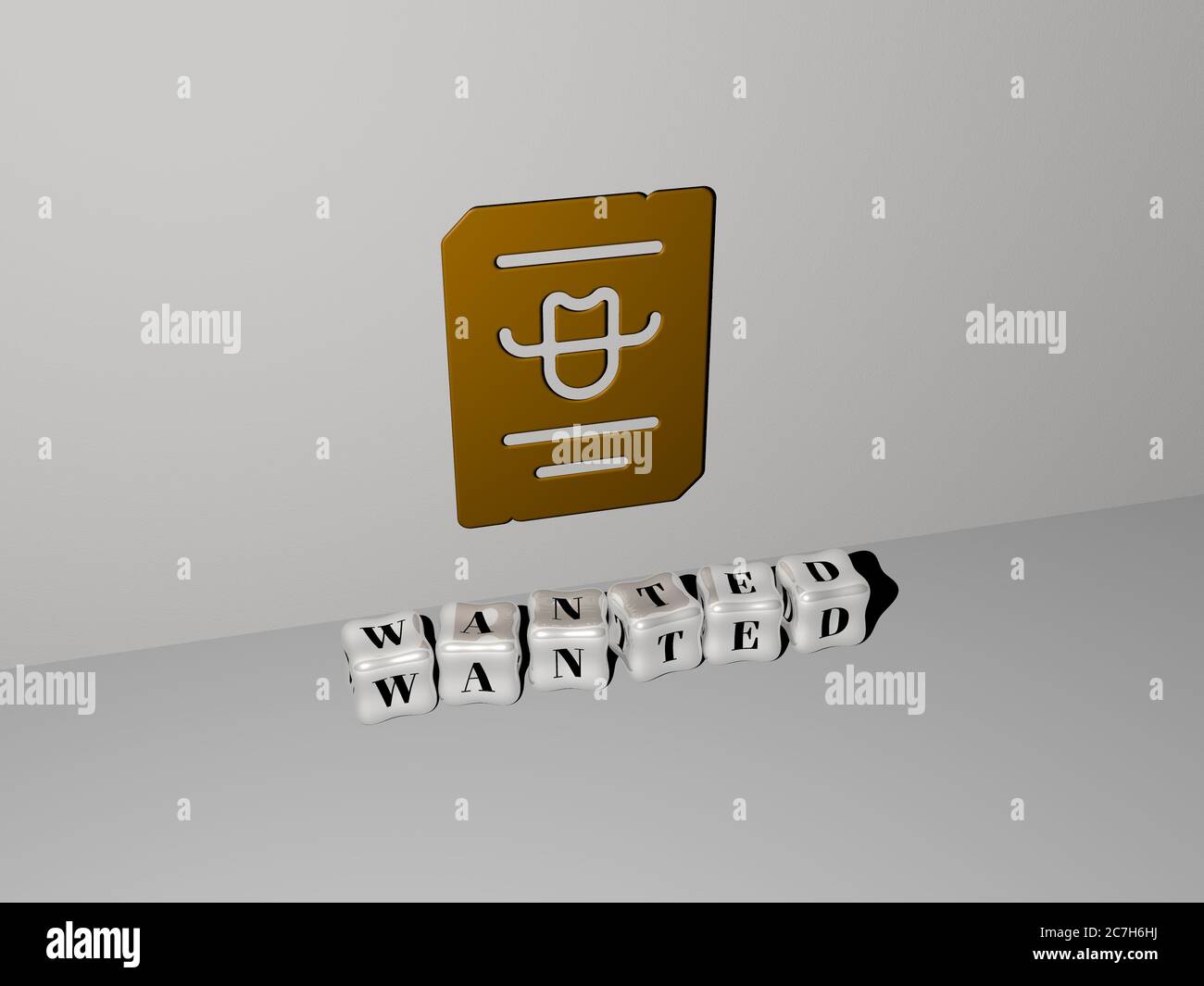 3D representation of wanted with icon on the wall and text arranged by ...