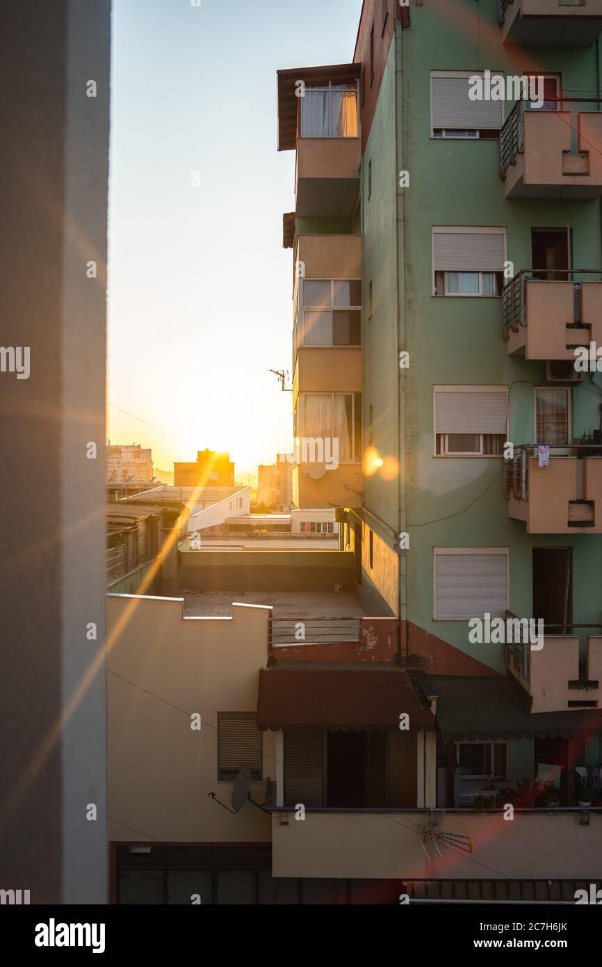 Colorful building with balconies under a blue sky during a beautiful ...