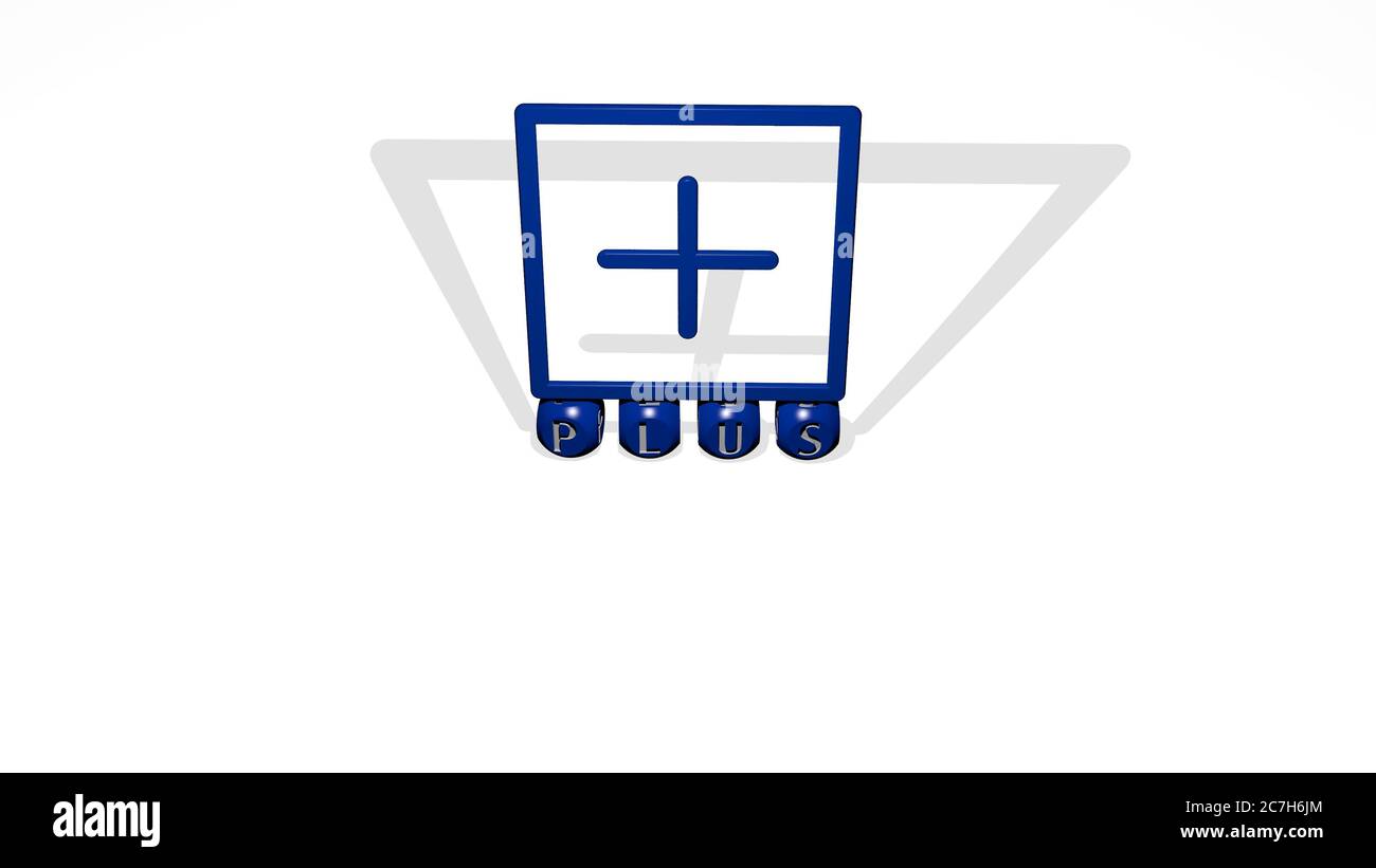 3D illustration of PLUS graphics and text made by metallic dice letters ...
