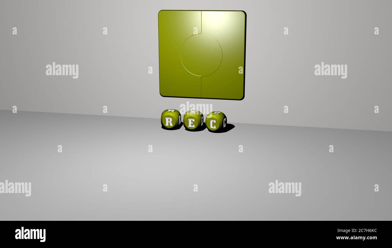 3D illustration of REC graphics and text made by metallic dice letters ...
