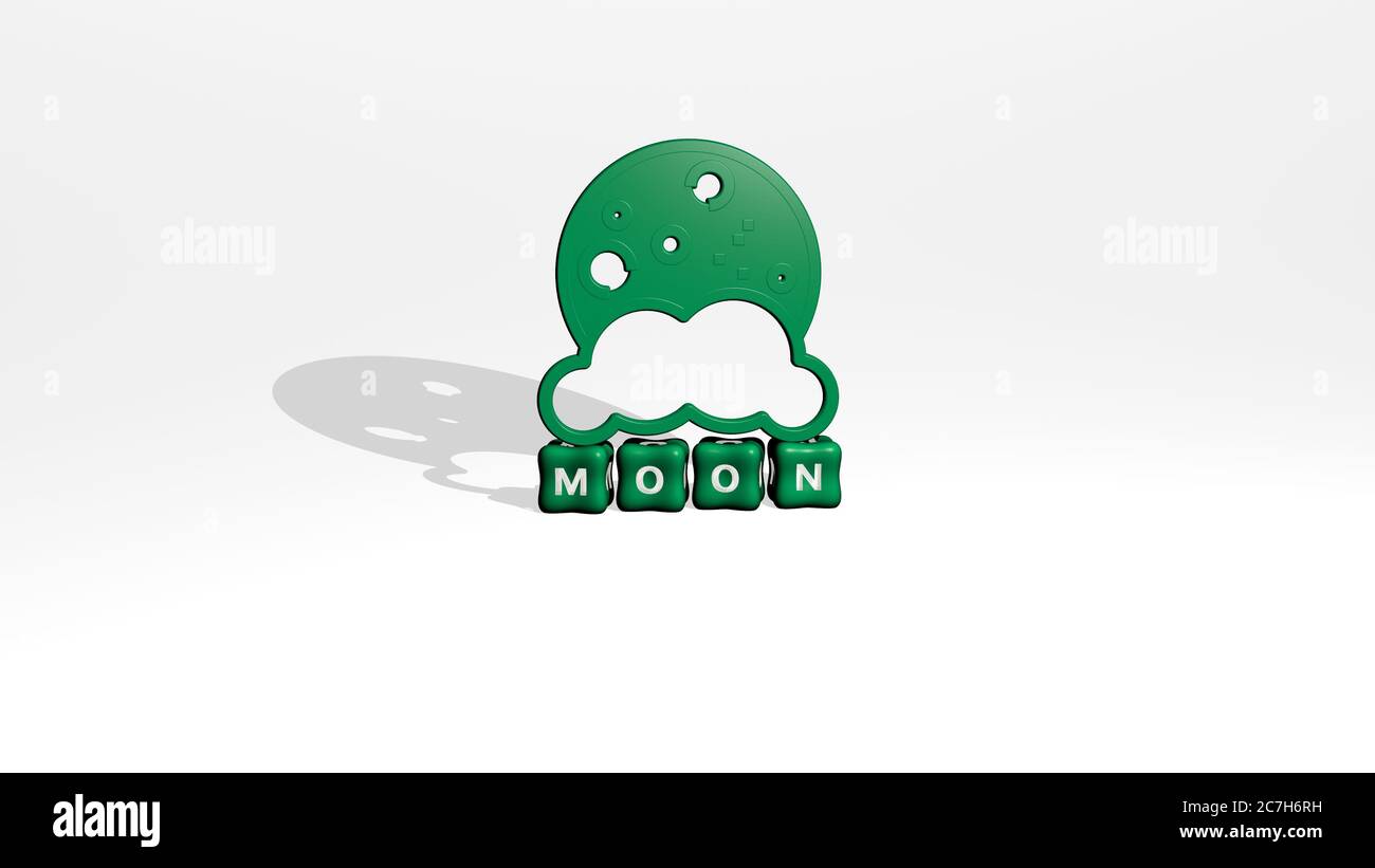 3D graphical image of moon vertically along with text built by metallic ...