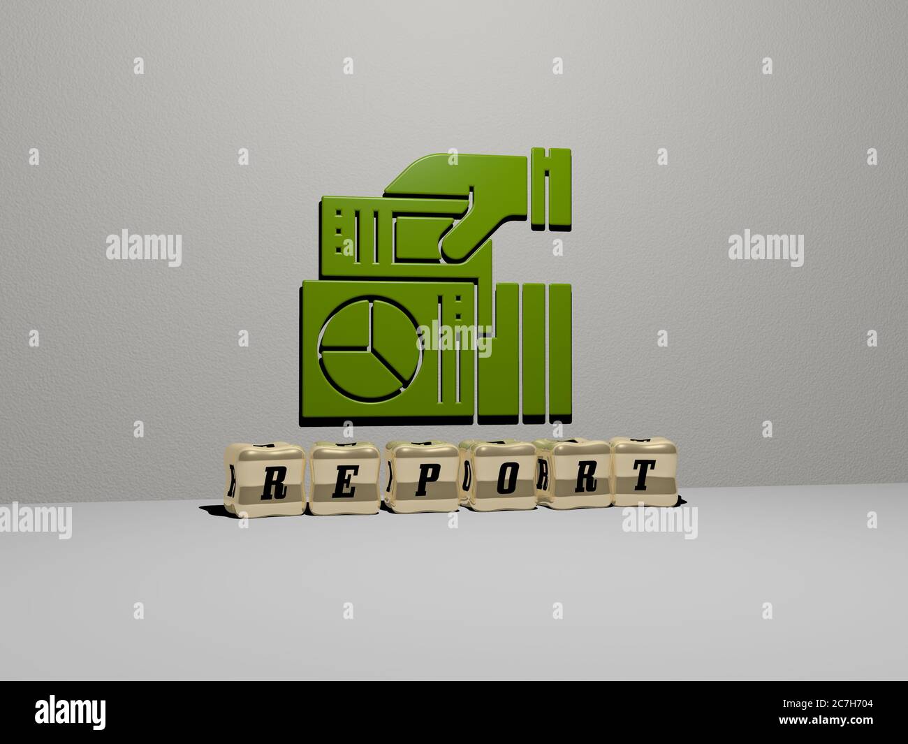 3D illustration of report graphics and text made by metallic dice ...