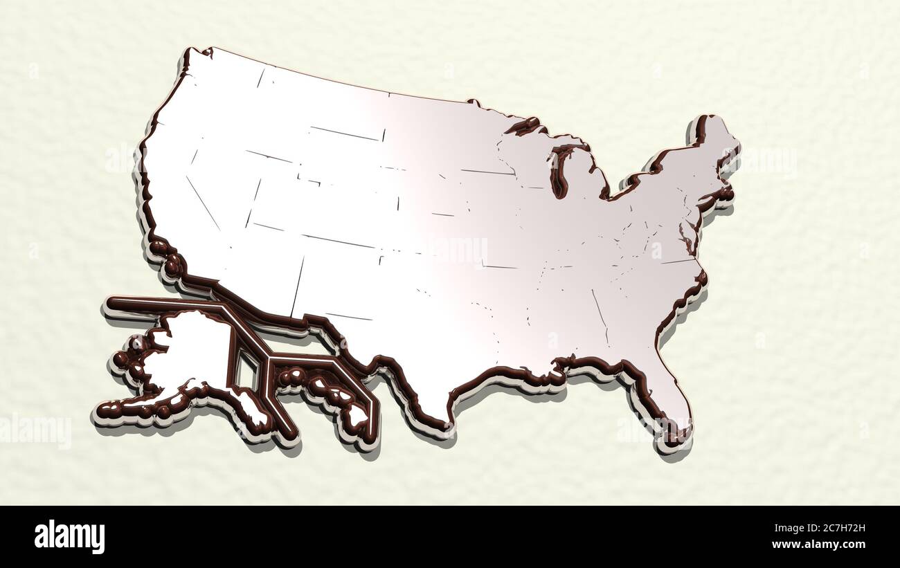 map of America made by 3D illustration of a shiny metallic sculpture on ...
