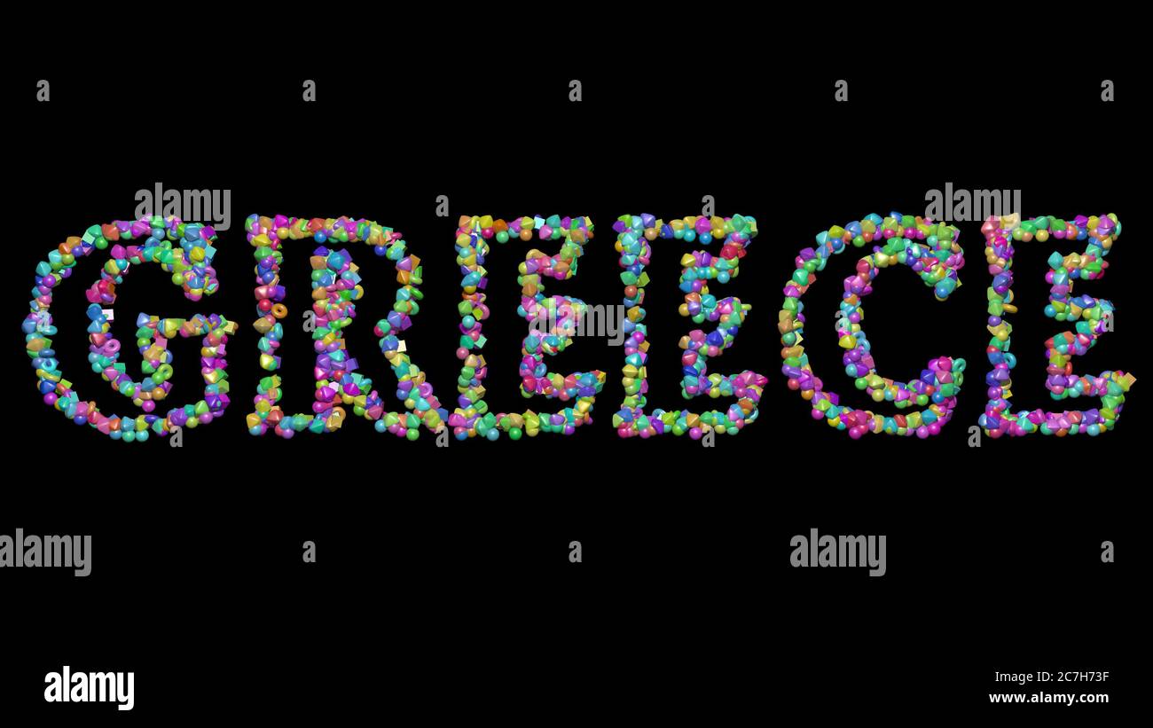 Colorful 3D writing of GREECE text with small objects over a dark ...