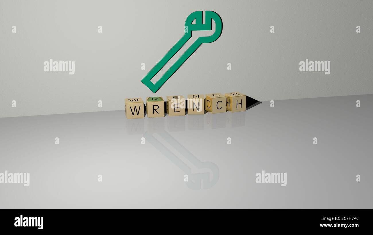 3D illustration of WRENCH graphics and text made by metallic dice ...