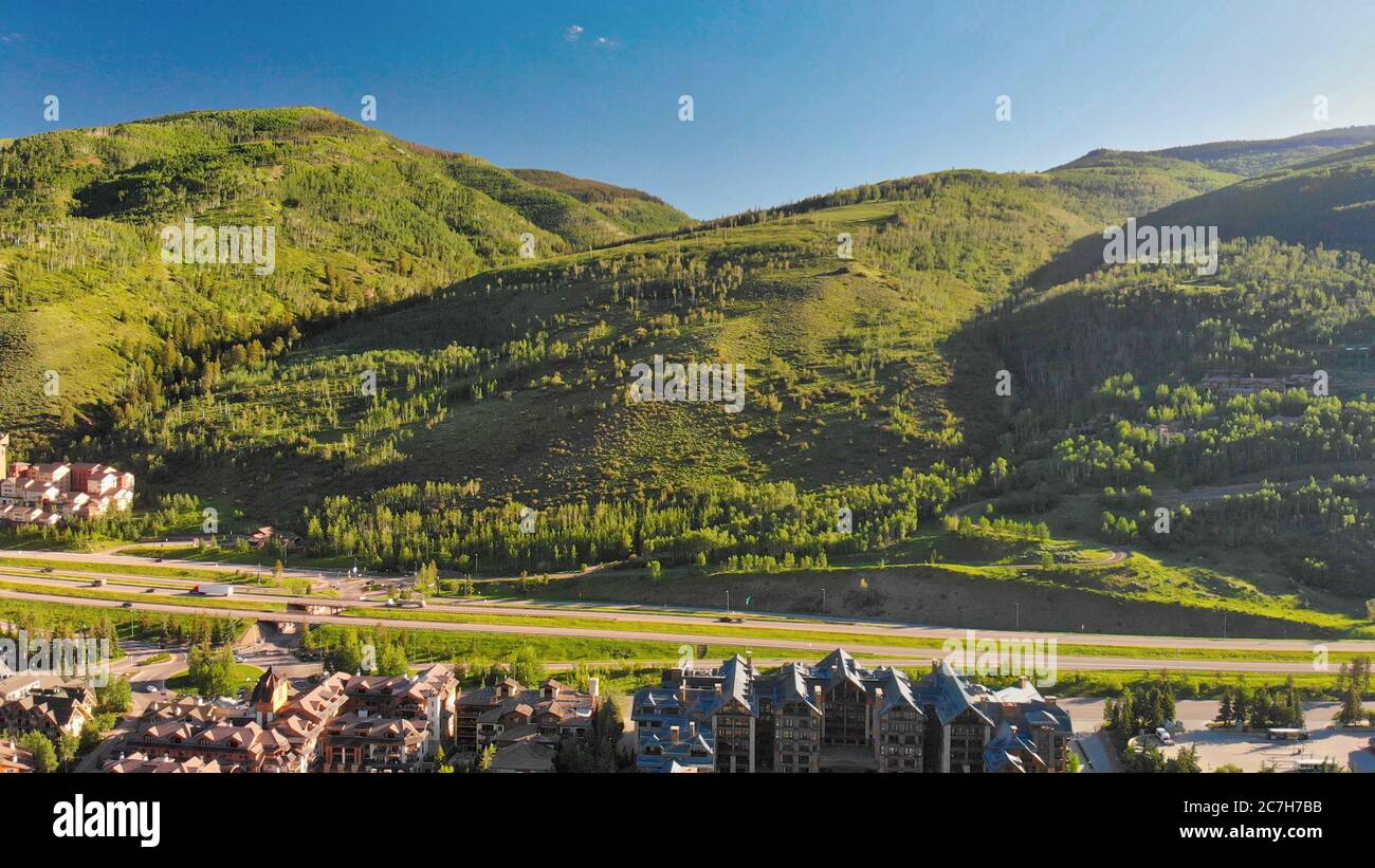 Vail, Colorado. Amazing aerial view of cityscape at summer sunset, USA ...